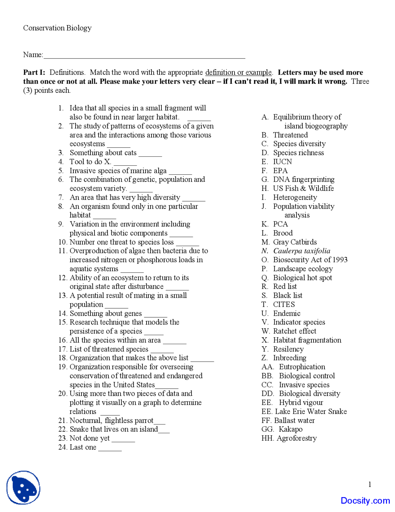 Equilibrium Theory Introduction To Conservation Biology Quiz Docsity