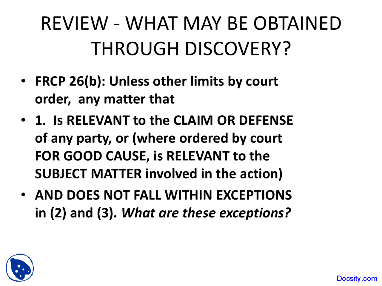 Discovery Civil Procedure Lecture Slides Docsity