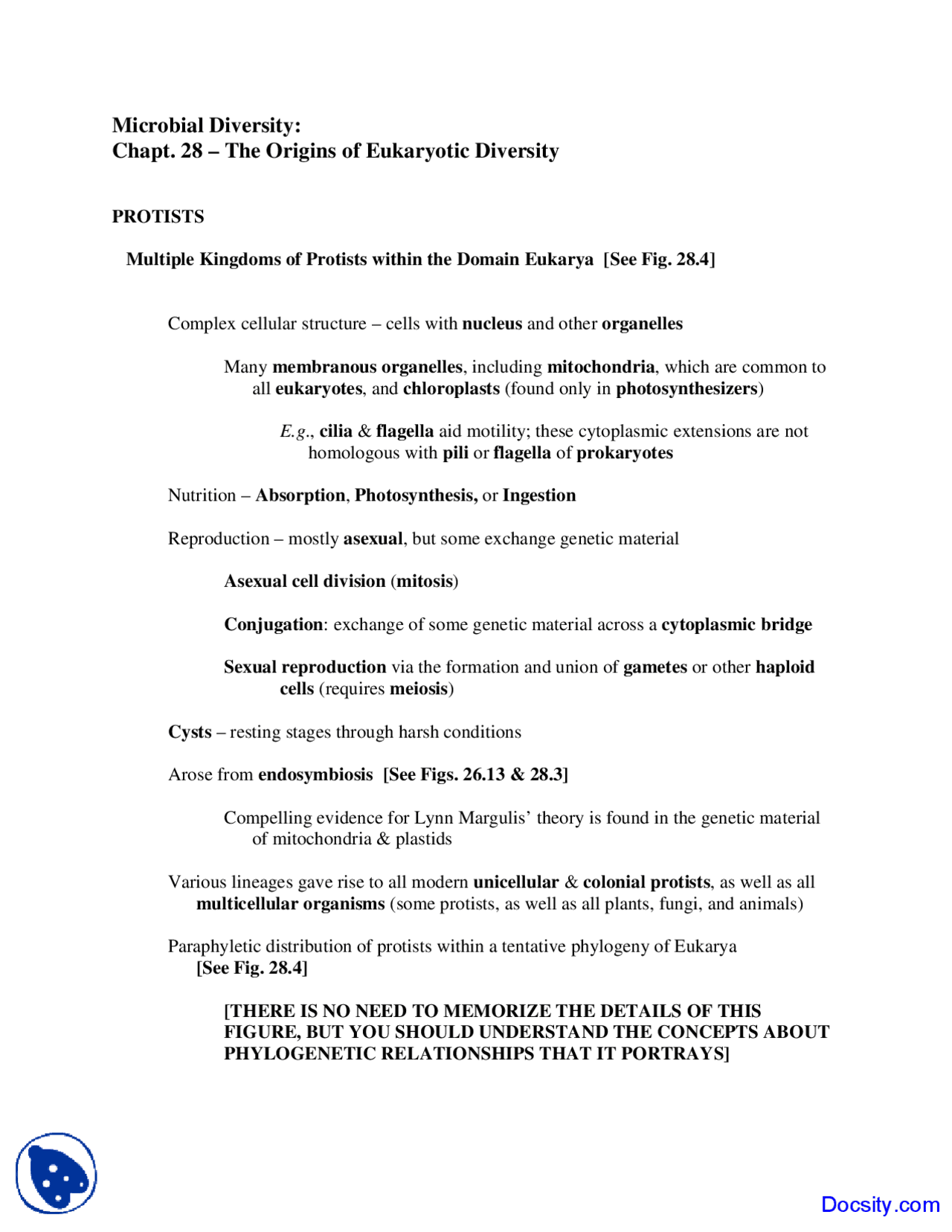 Origins Of Eukaryotic Diversity Biology For Science Lecture Notes