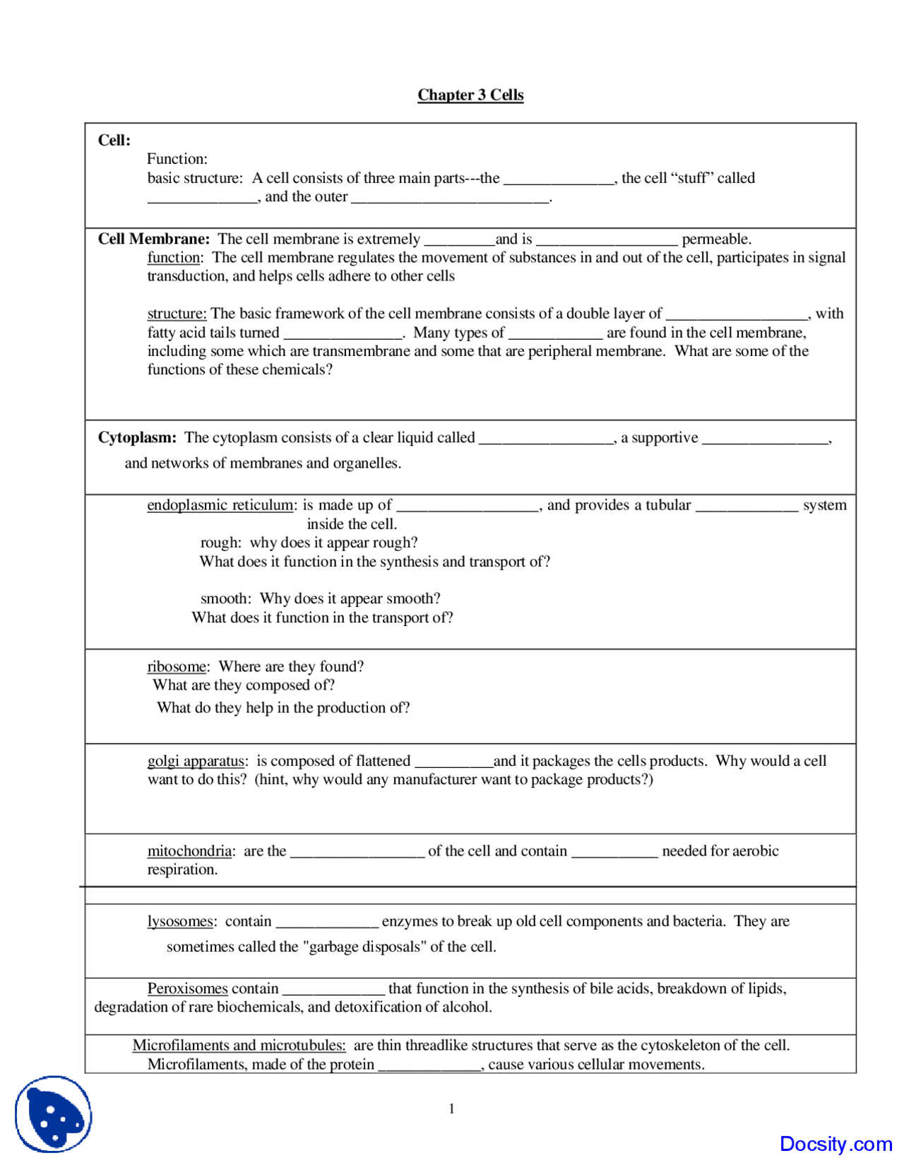 Cells - Physiology and Anatomy - Quiz - Docsity