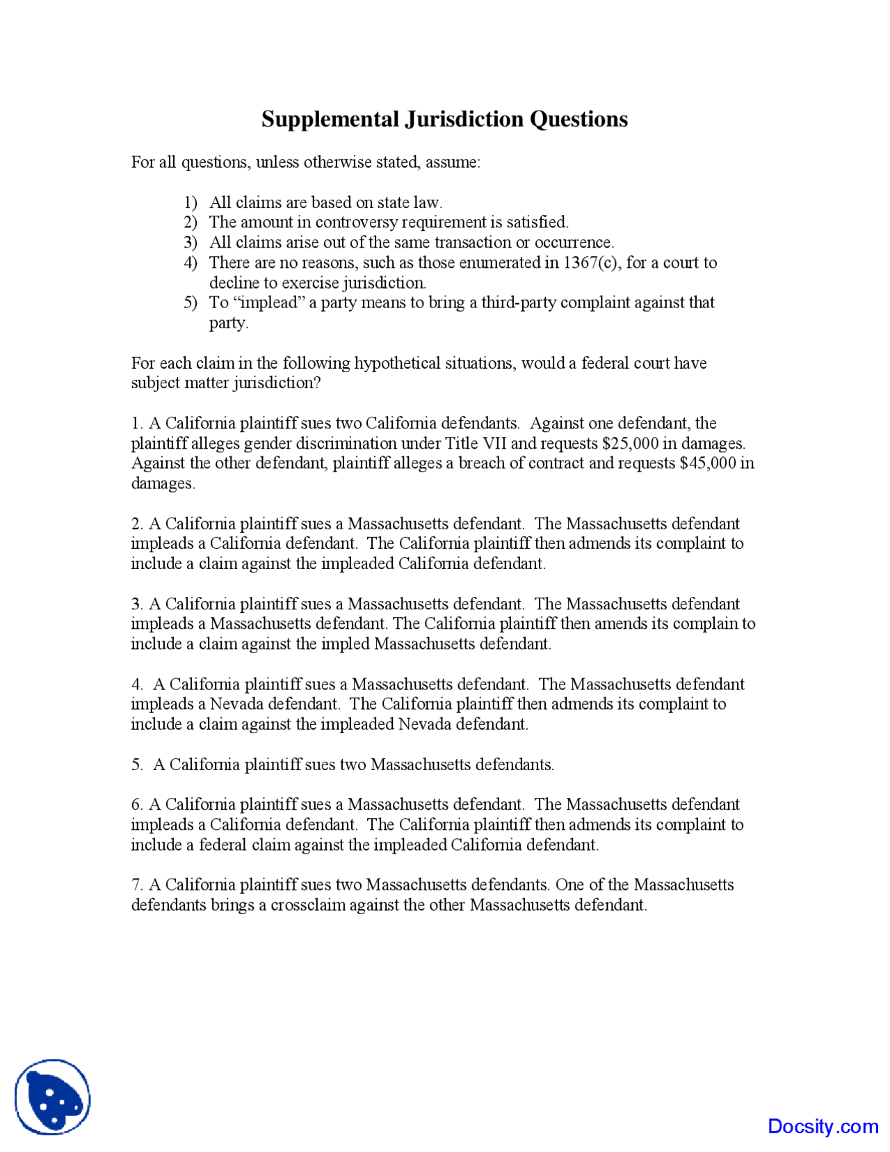 Supplemental Jurisdiction Questions Civil Procedure Lecture Notes