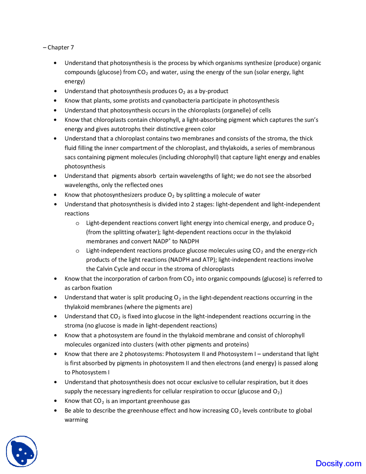 Photosynthesis Principles Of Biology Notes Docsity