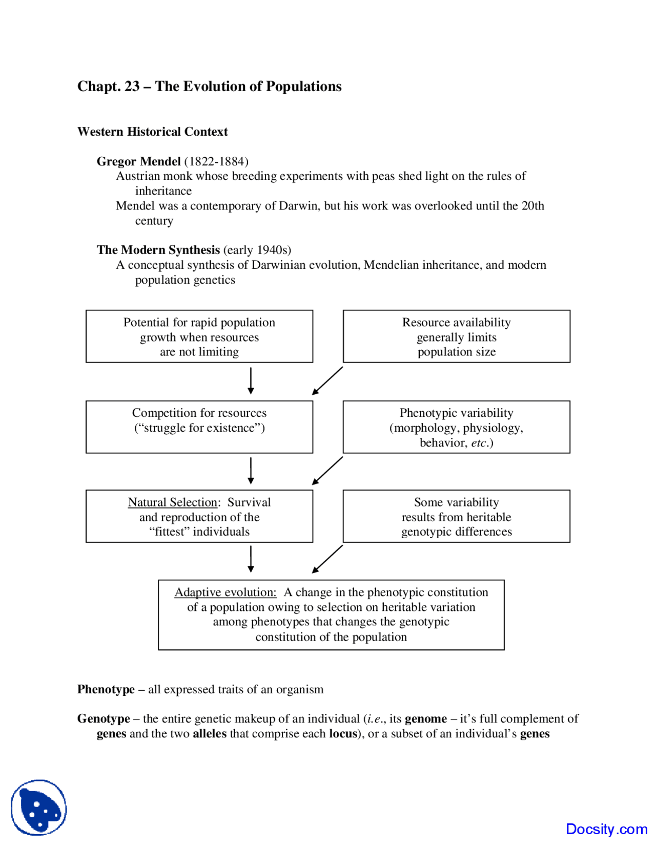 Evolution of Populations - Biology for Science - Lecture Notes - Docsity