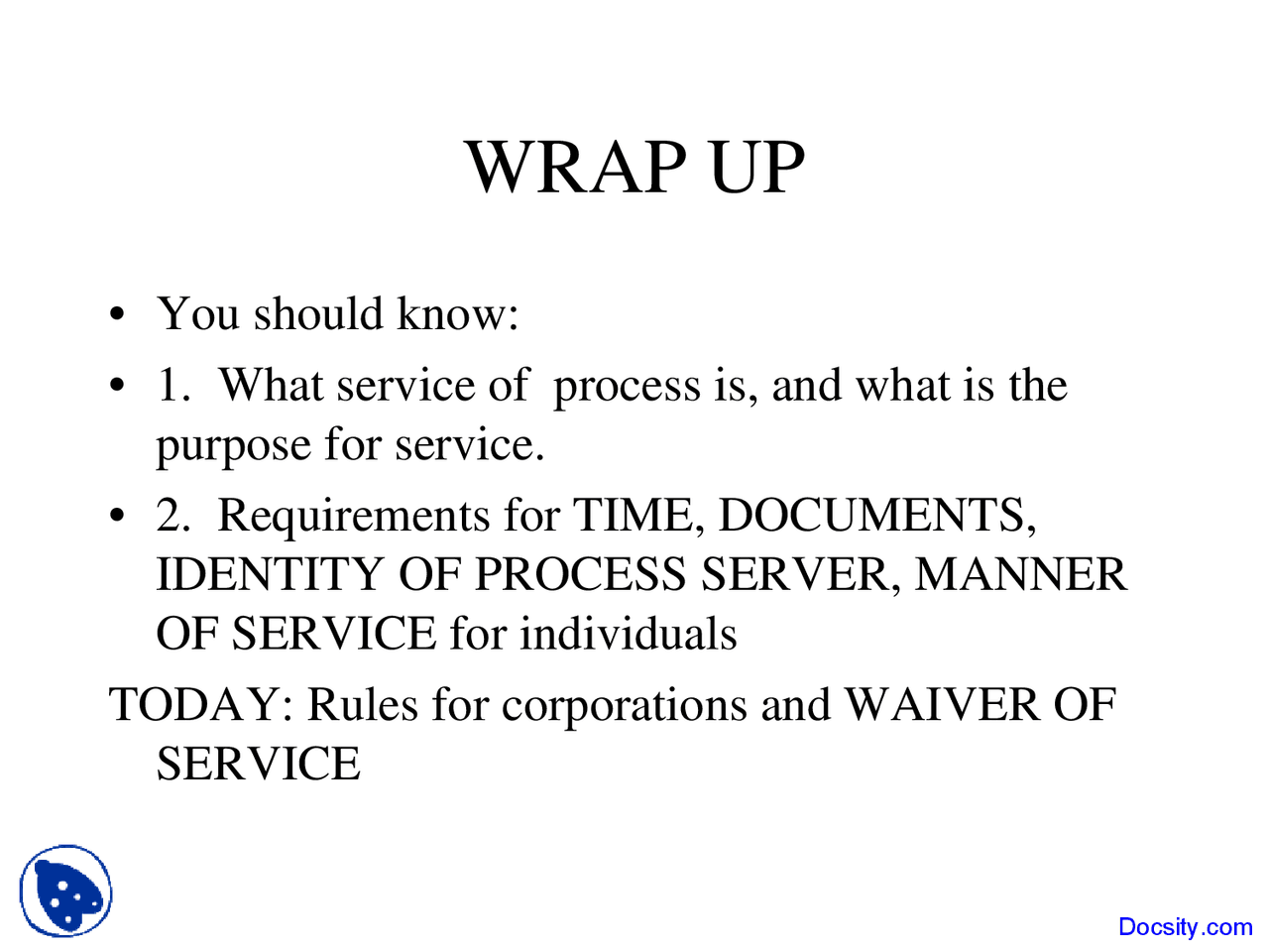 Purpose For Service Civil Procedure Lecture Slides Docsity