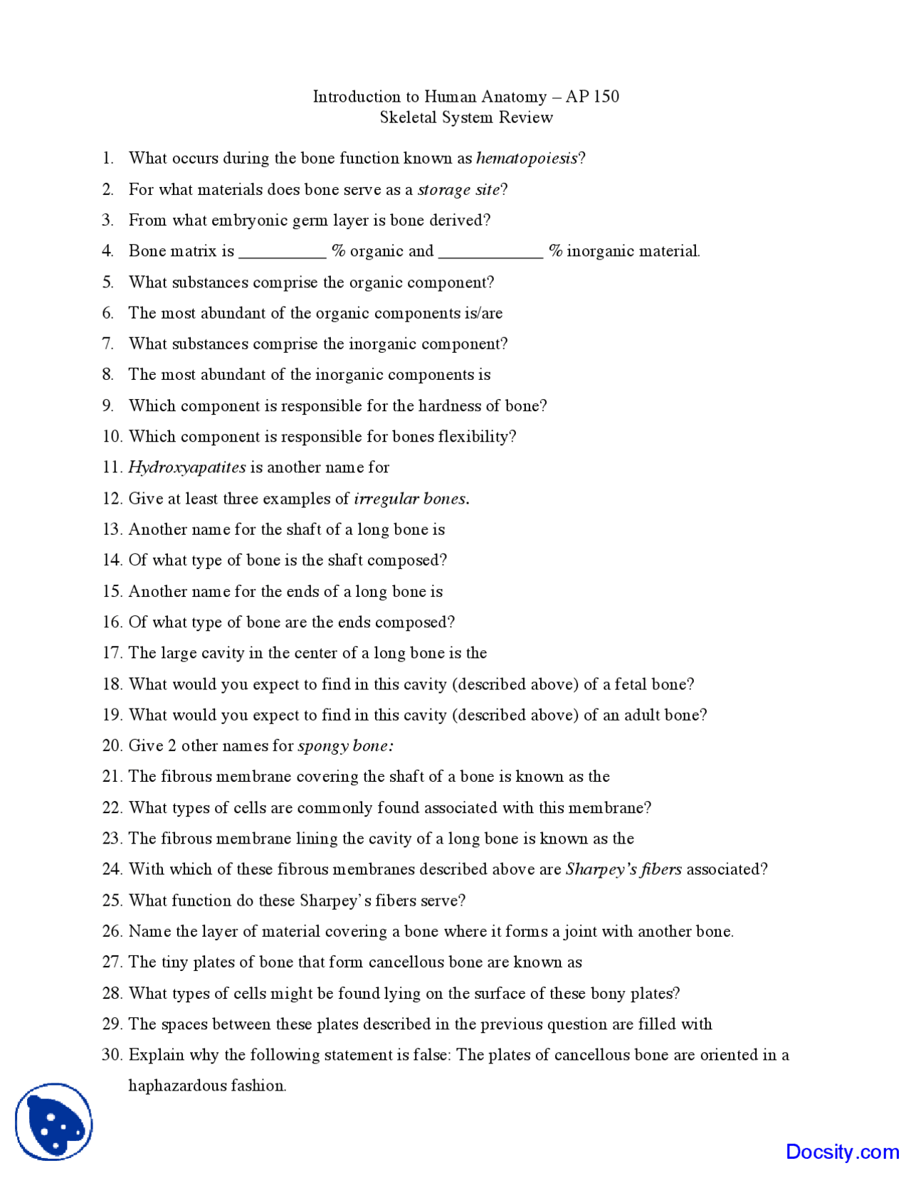 Skeletal System Review - Physiology and Anatomy - Quiz - Docsity