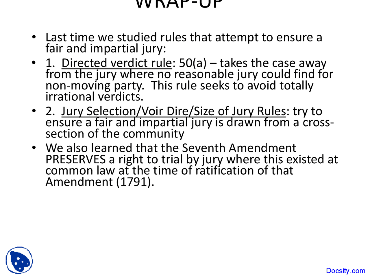 Directed Verdict Rule - Civil Procedure - Lecture Slides - Docsity