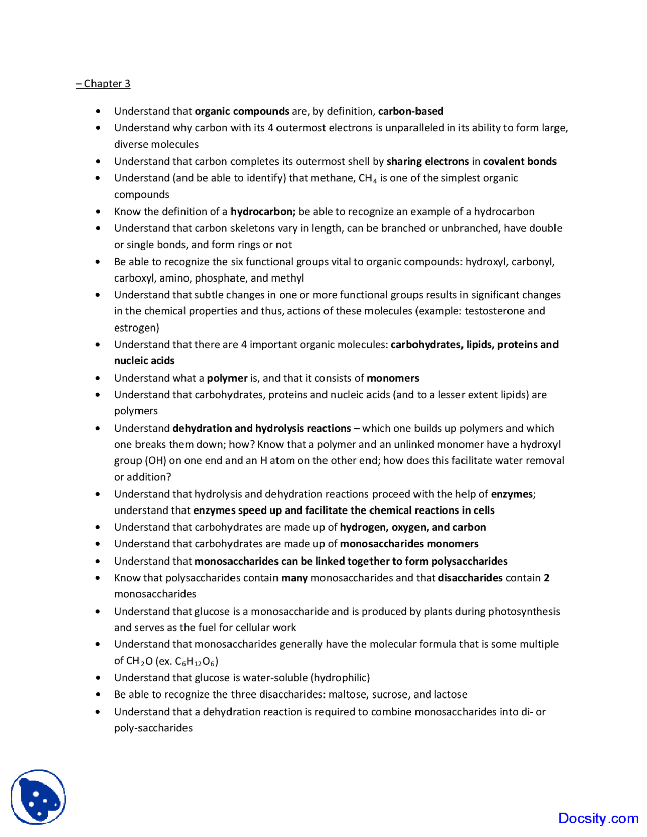 Organic Compounds Principles Of Biology Notes Docsity