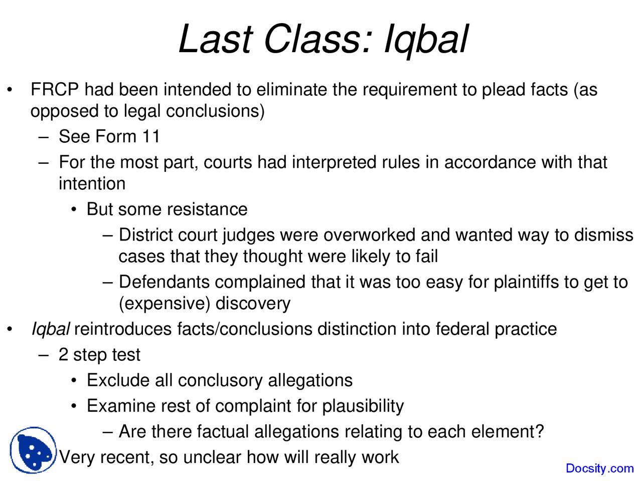 Iqbal - Civil Procedure - Lecture Slides - Docsity
