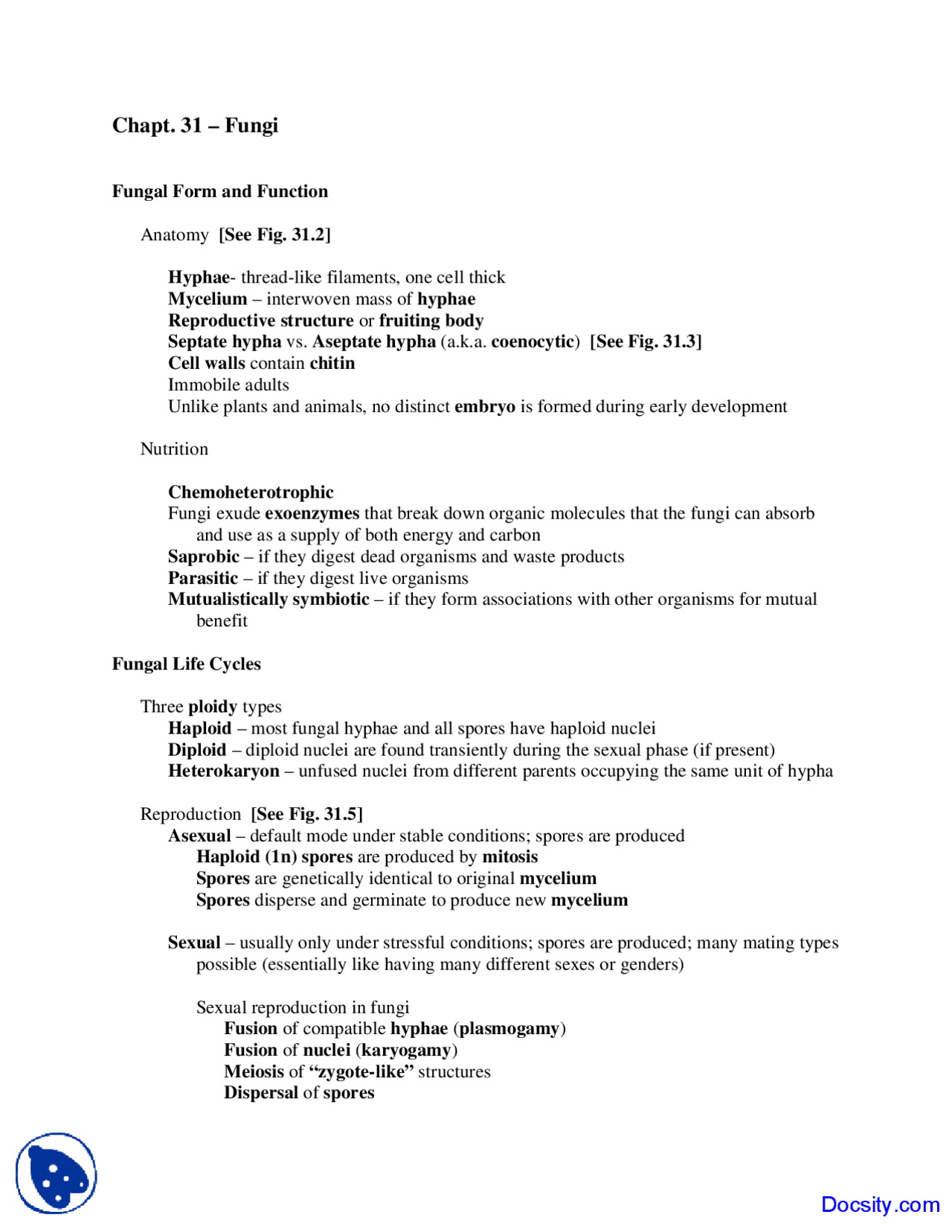 Fungi Biology For Science Lecture Notes Docsity