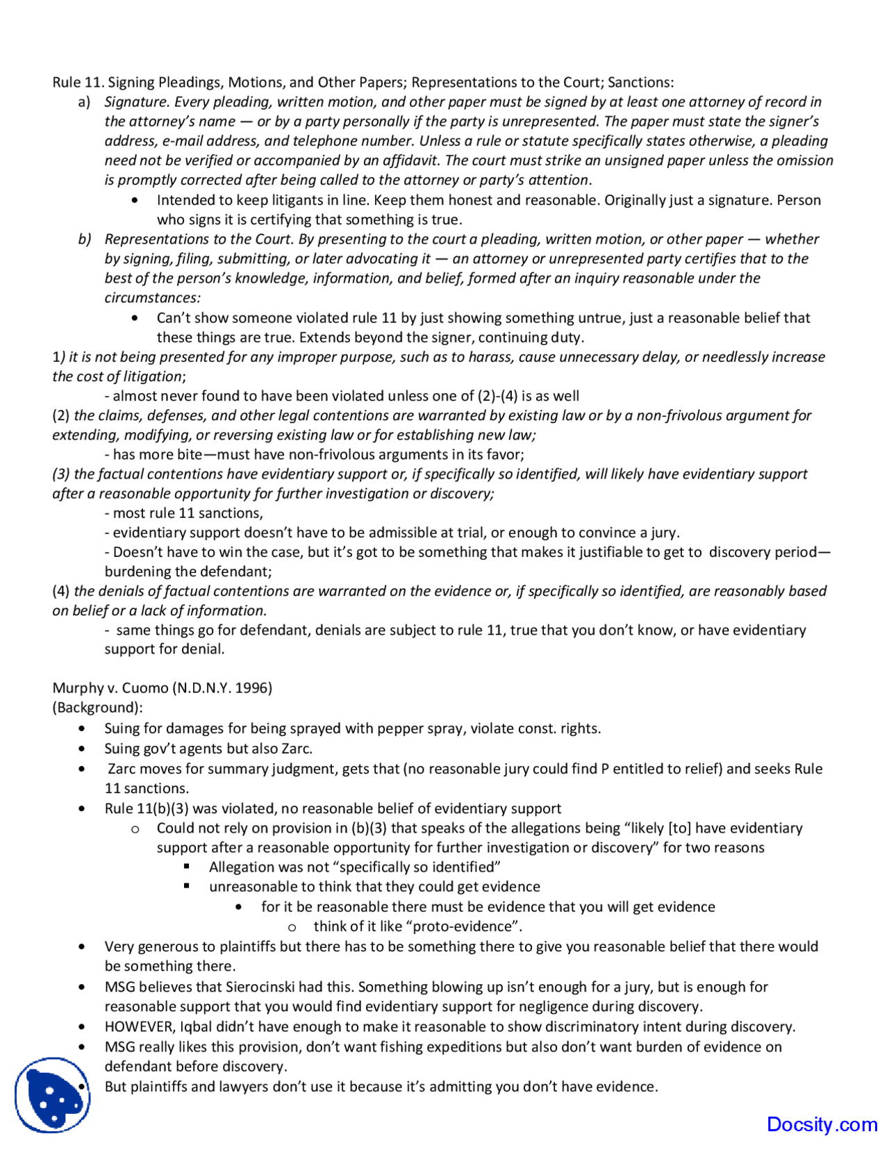 Representations Civil Procedure Lecture Notes Docsity