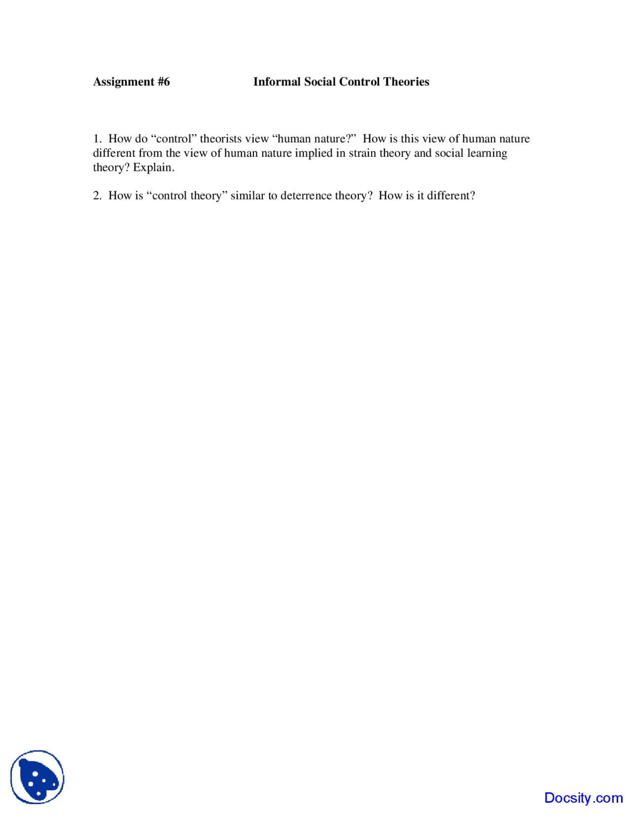 Criminology: Control Theories & Deterrence | Exercises Criminology | Docsity