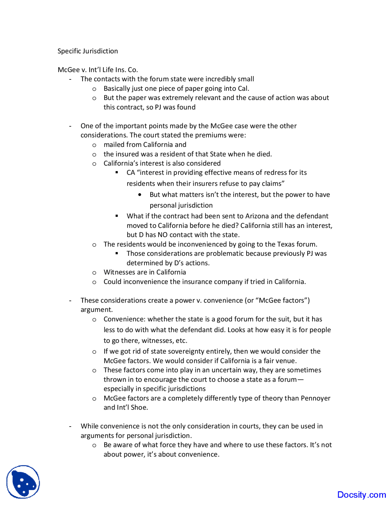 Specific Jurisdiction Civil Procedure Lecture Notes Docsity