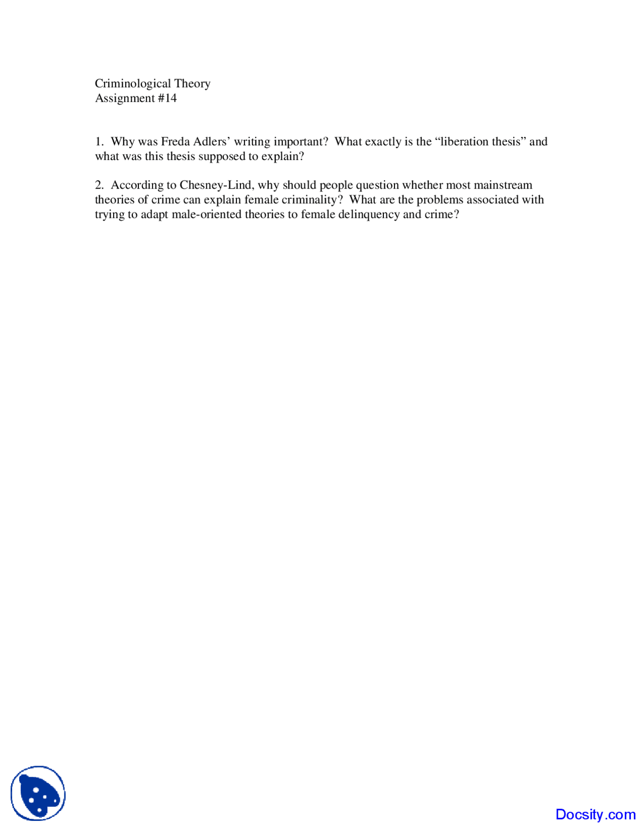 Freda Adlers Criminological Theory Assignment Docsity