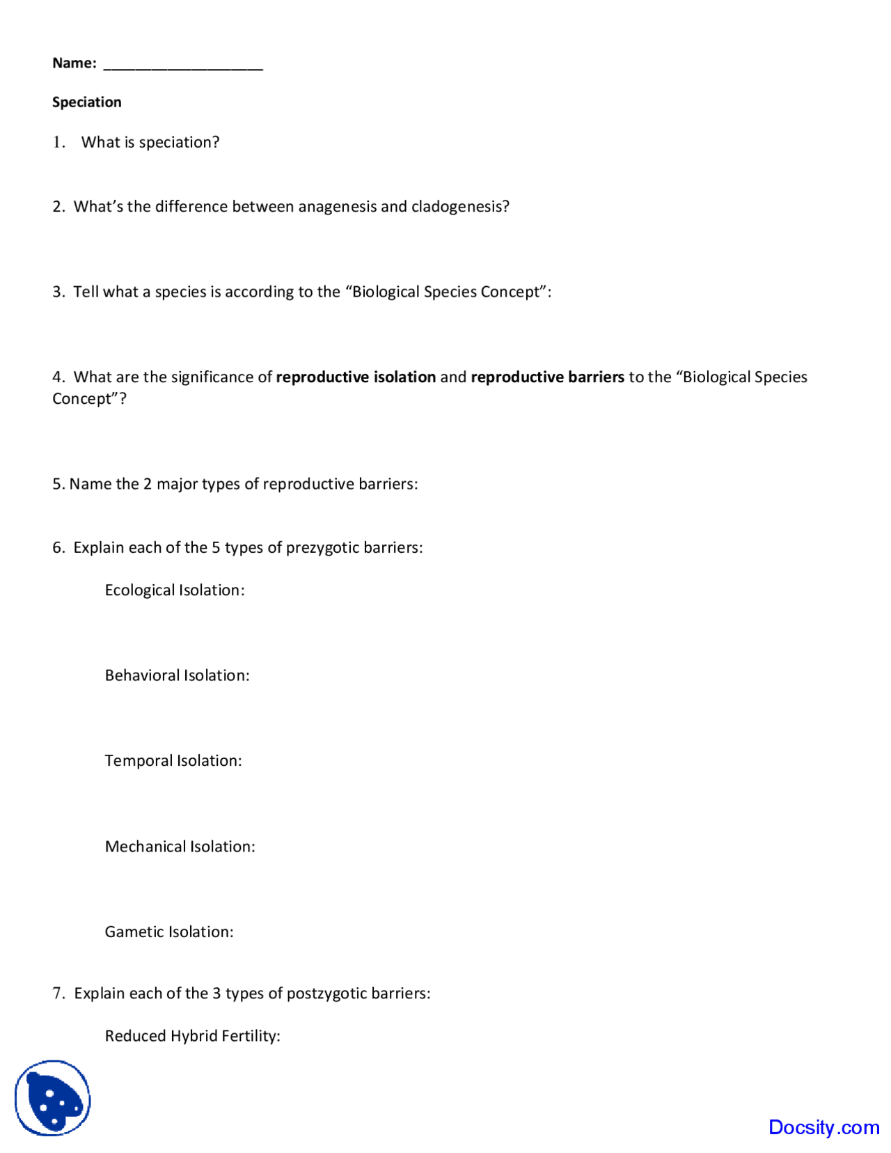 Speciation - Applied Biology - Quiz - Docsity