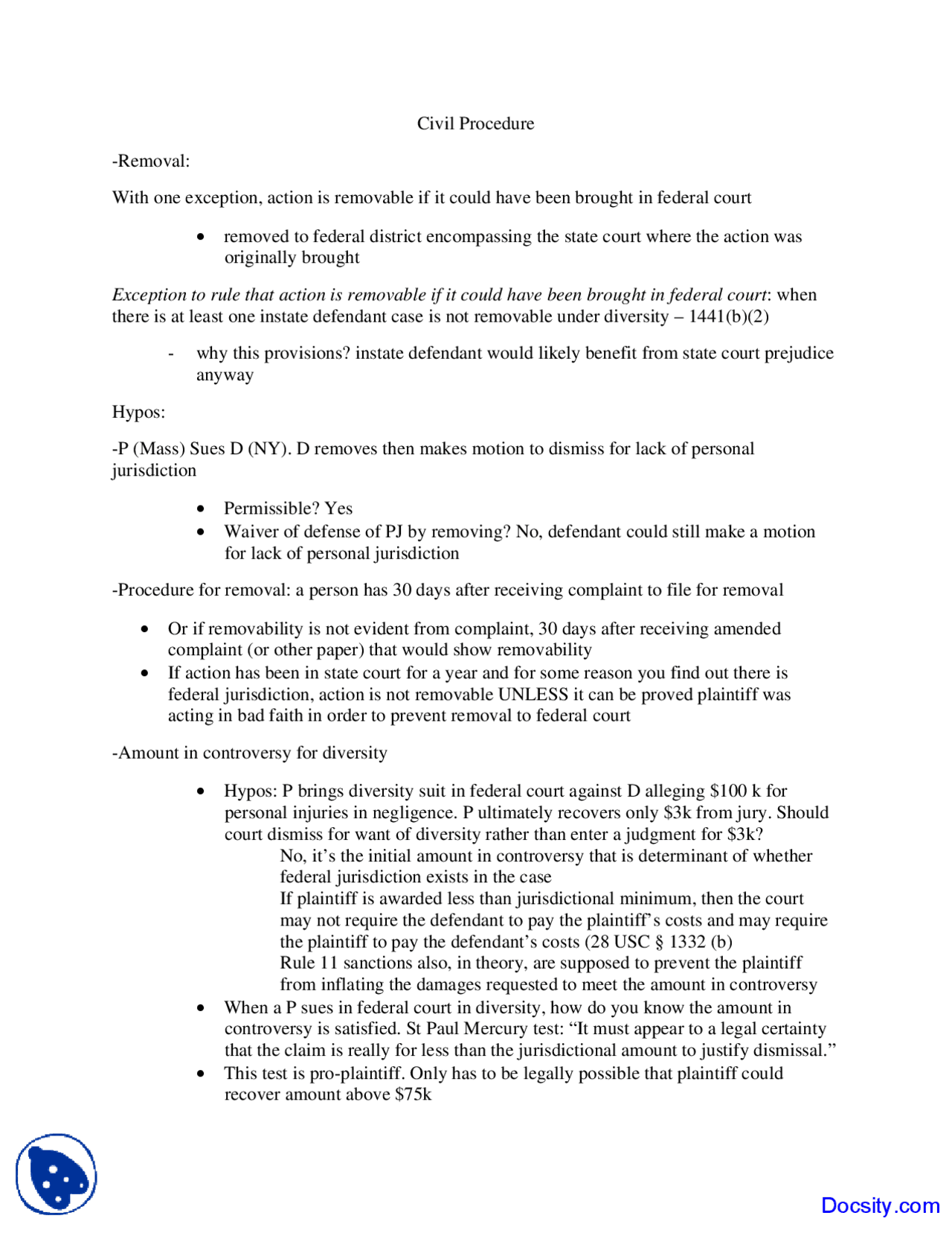 Removal - Civil Procedure - Lecture Notes | Study notes Civil procedure ...