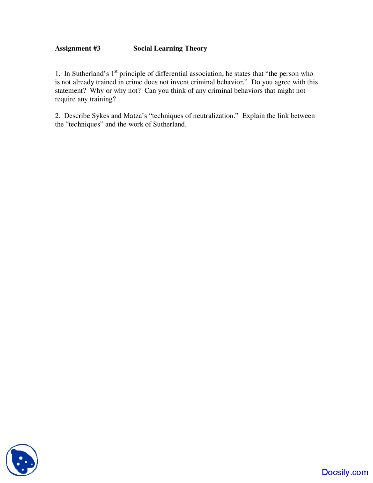 Social Learning Theory Criminological Theory Assignment Docsity