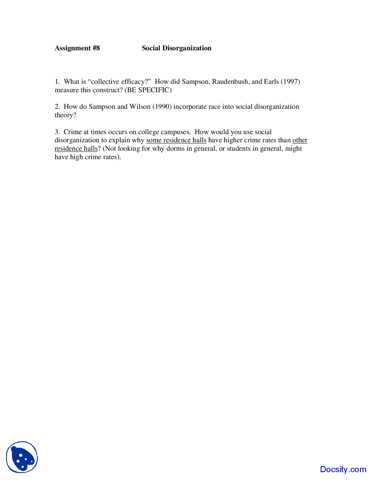 Social Disorganization Criminological Theory Assignment Docsity