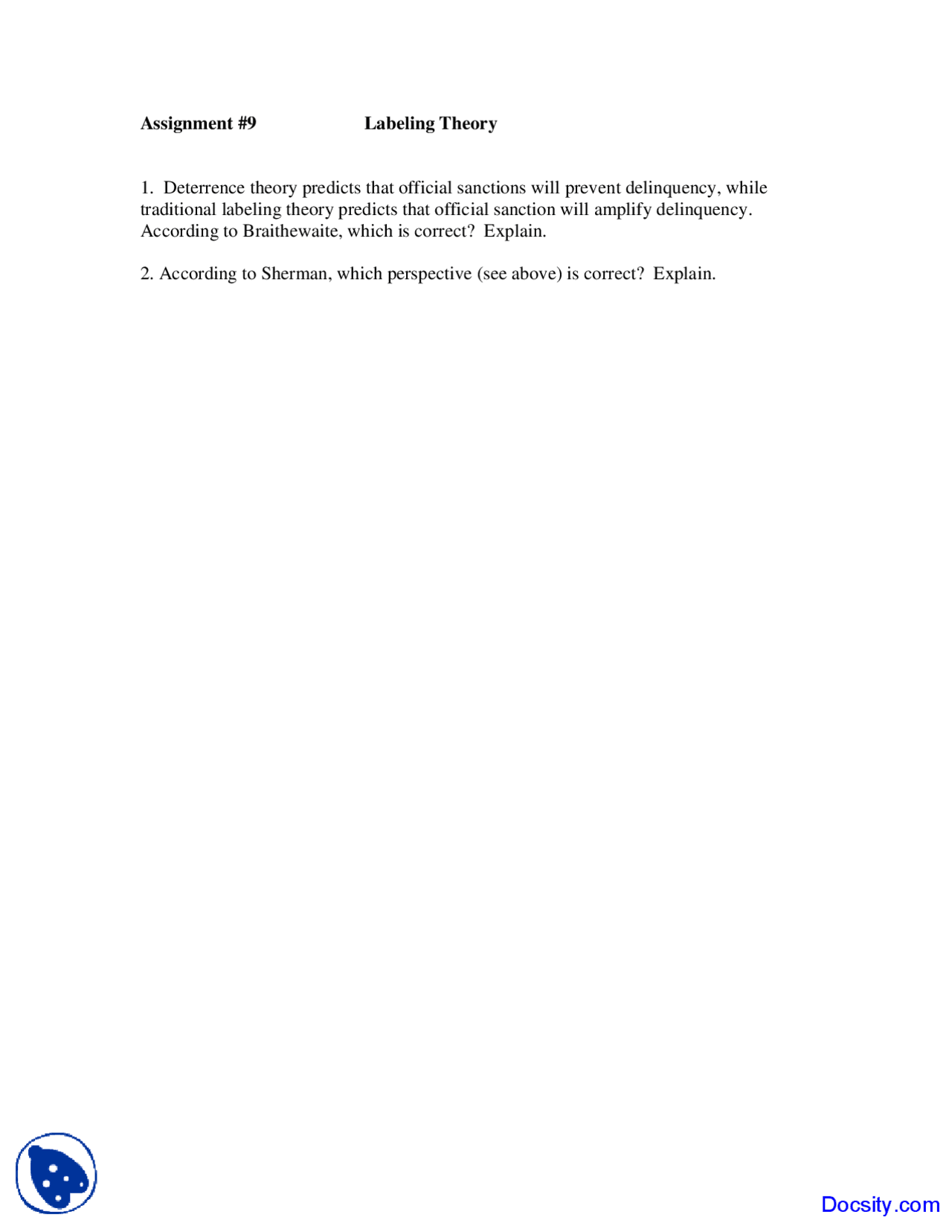 Labeling Theory Criminological Theory Assignment Docsity
