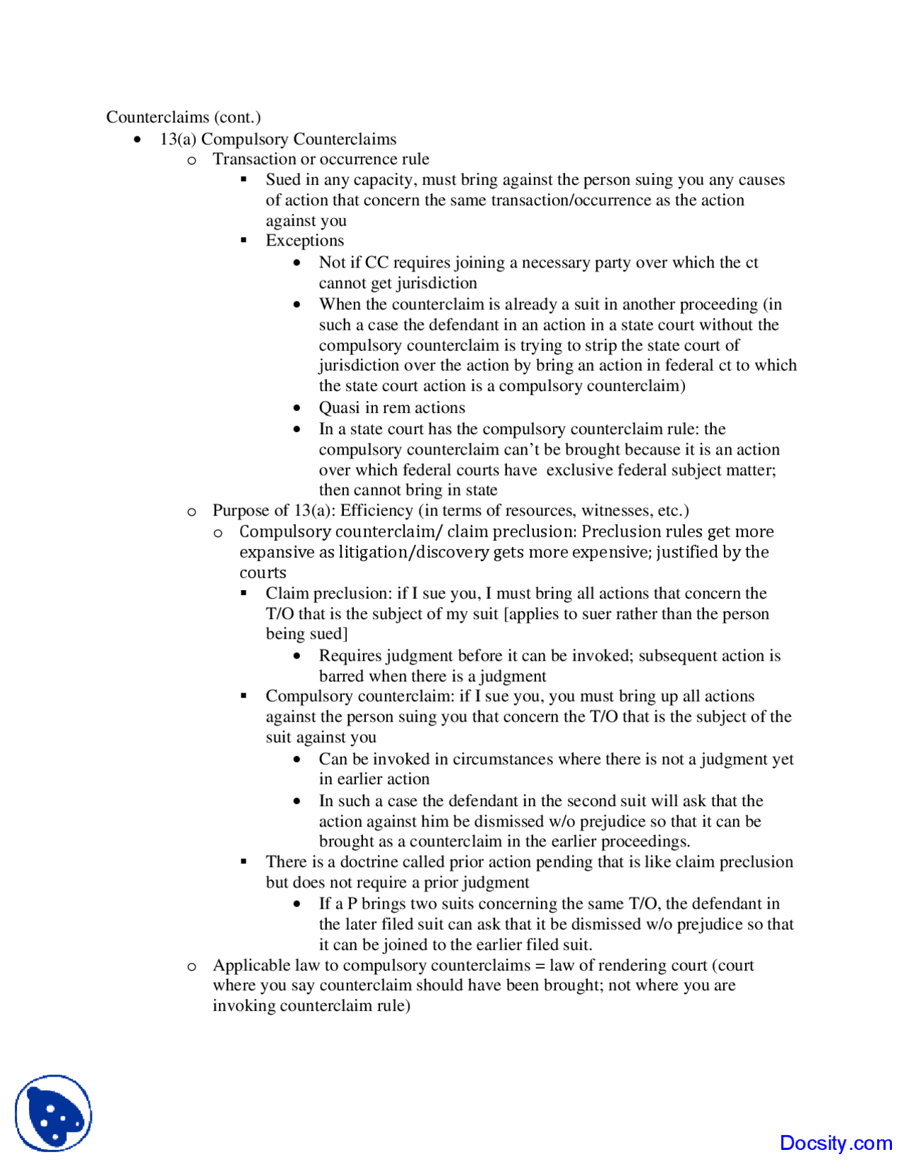 Counterclaims - Civil Procedure - Lecture Notes - Docsity