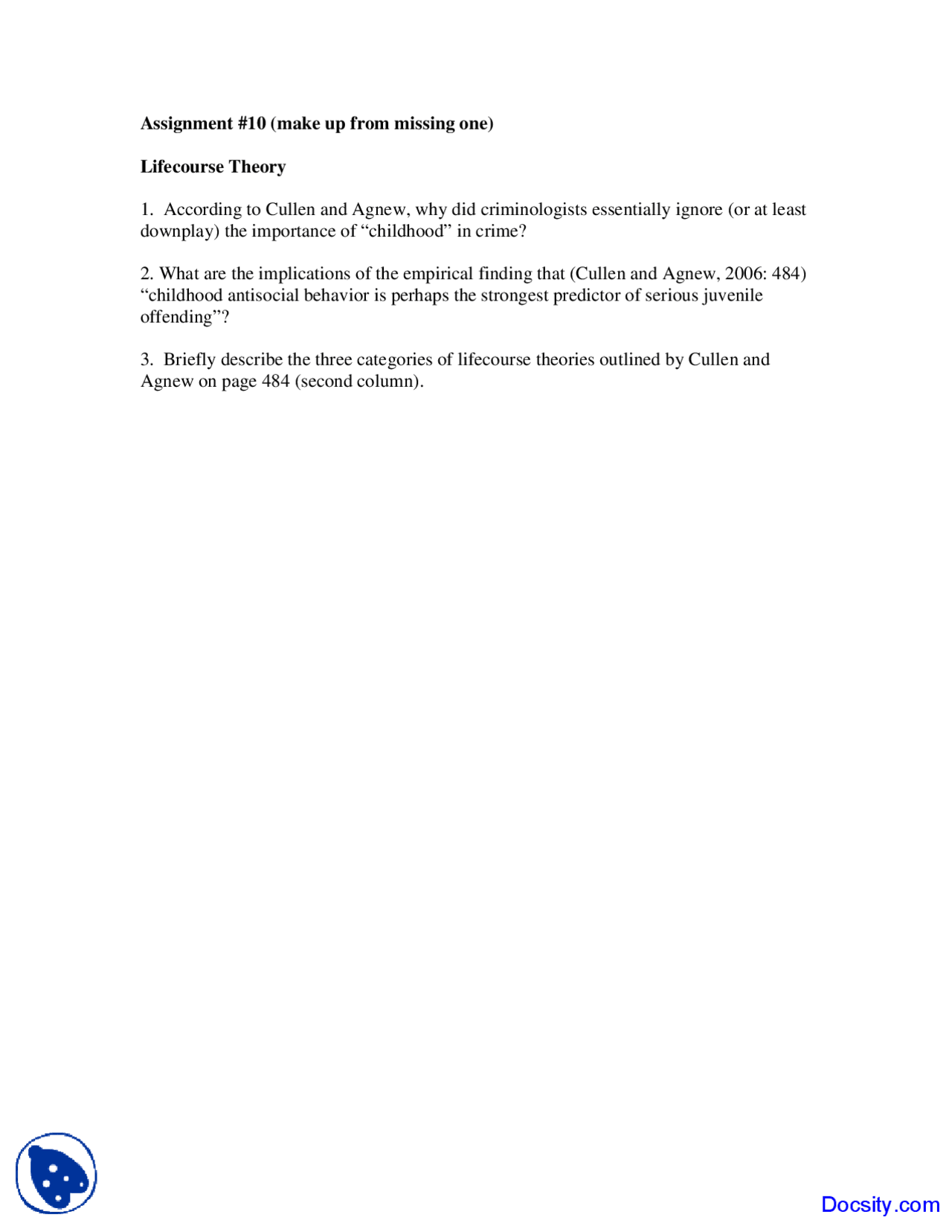 Lifecourse Theory Criminological Theory Assignment Docsity