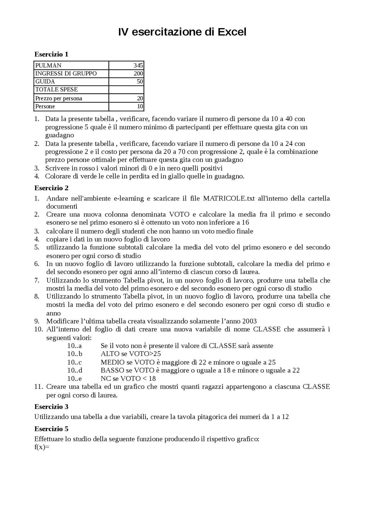 Esercitazione 4 Excel Docsity