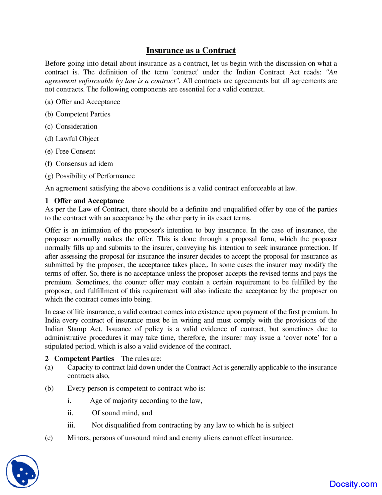 Insurance As A Contract Insurrance Lecture Notes Docsity