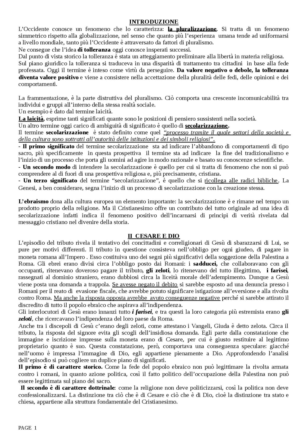 Dio E Cesareparadigmi Cristiani Nella Modernità Sintesi Del Corso Di