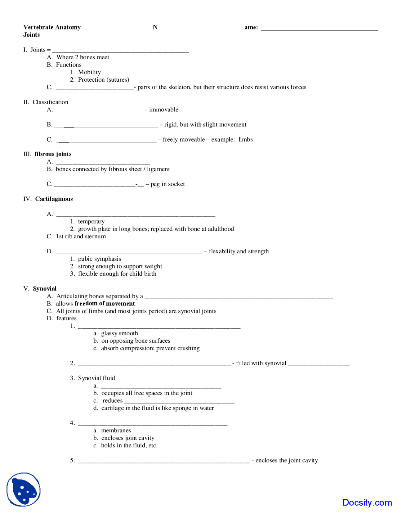 Joints - Vertebrate Anatomy - Quiz | Exercises Anatomy | Docsity