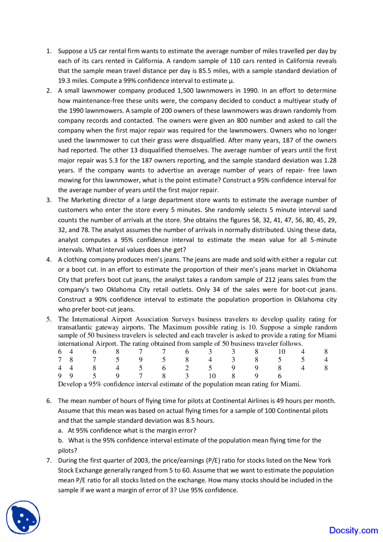 Interval Estimate Statistics Quiz Exercises Statistics Docsity