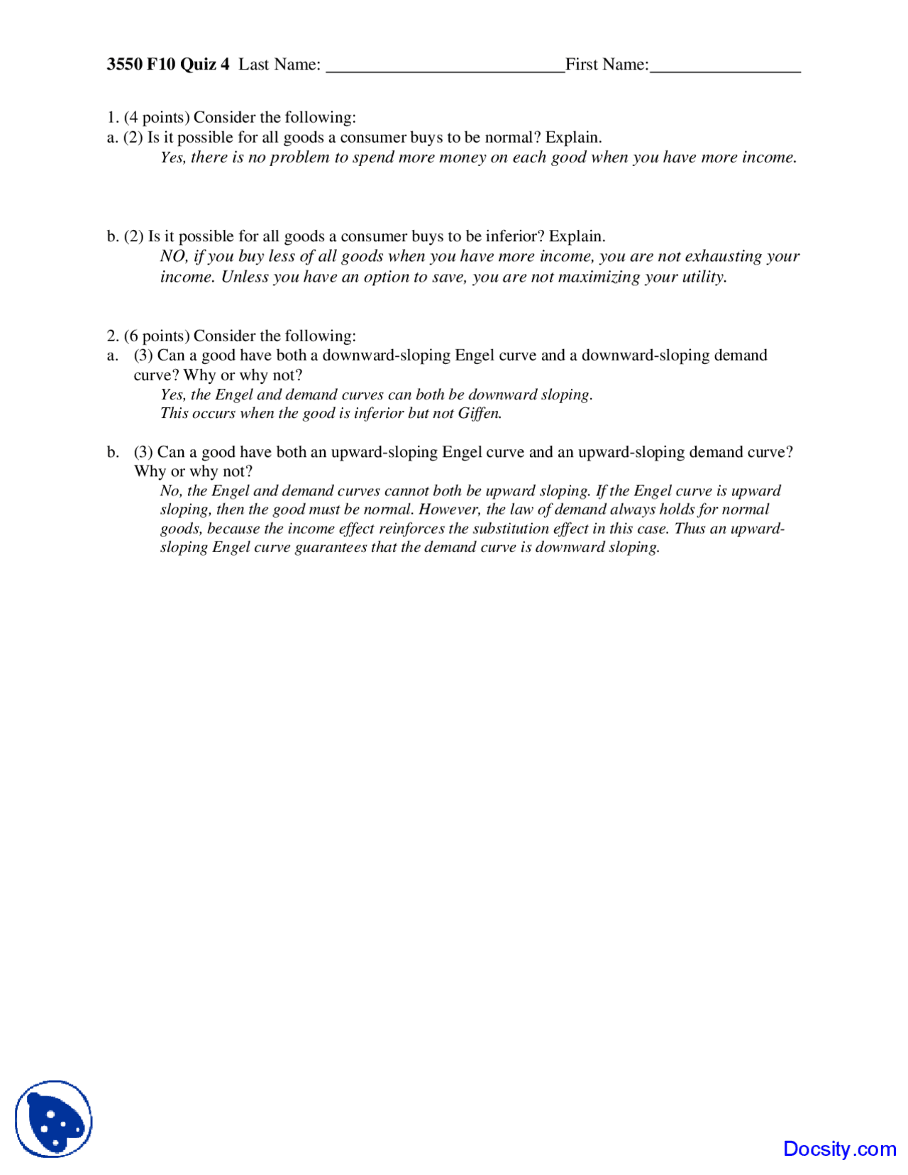 Engel and Demand Curves, Intermediate Microeconomics - Economics - Solved Quiz - Docsity