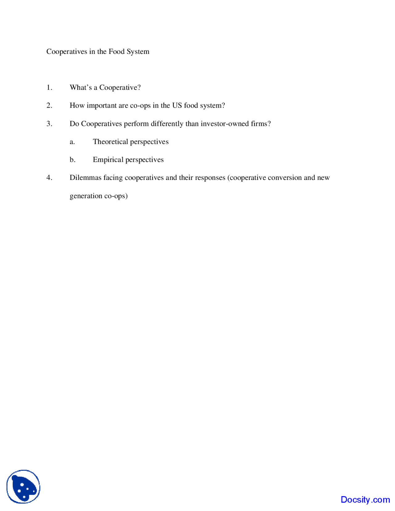 Cooperatives In The Food System Analysis Of Food System Lecture