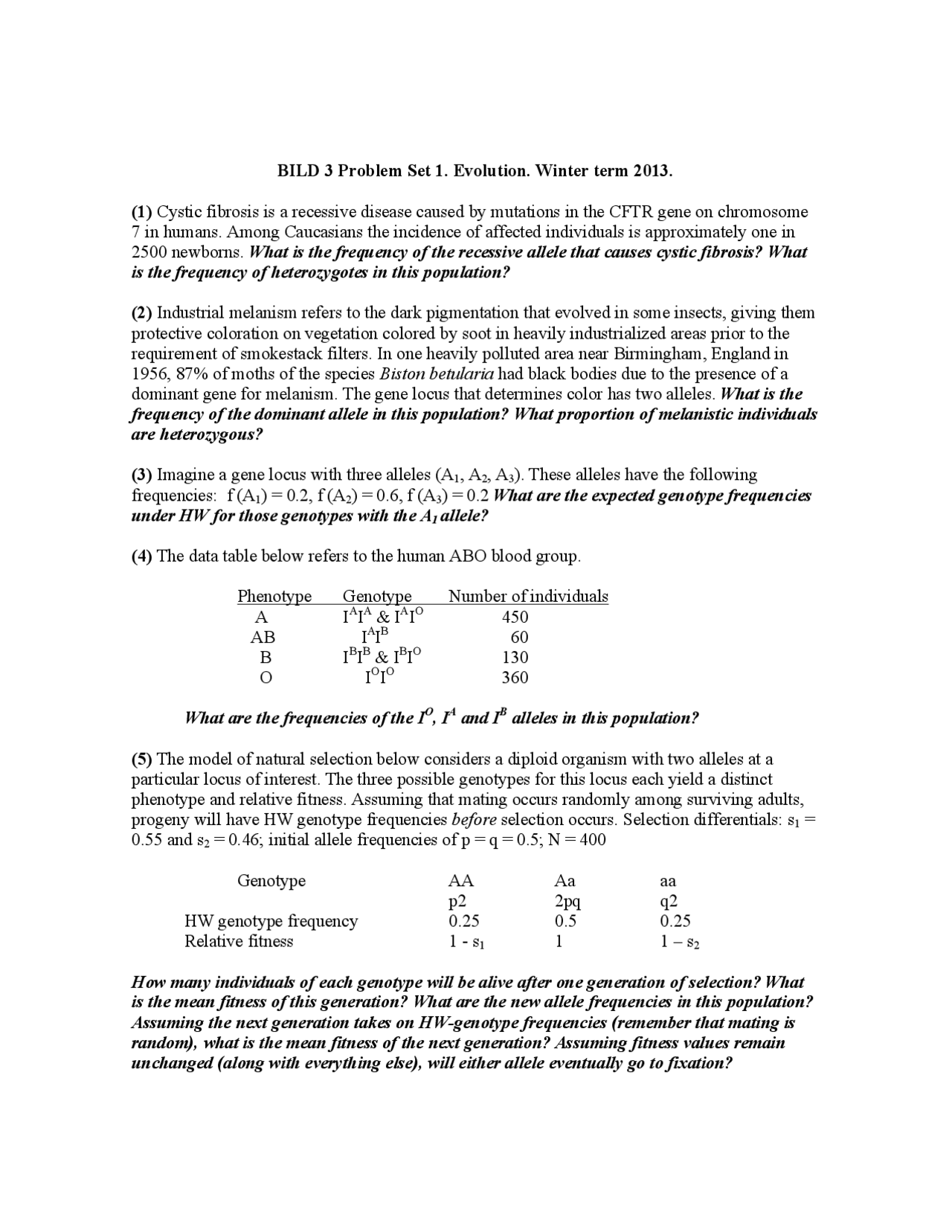 Problem Set 1 - Evolution - Study Questions | BILD 3 - Docsity