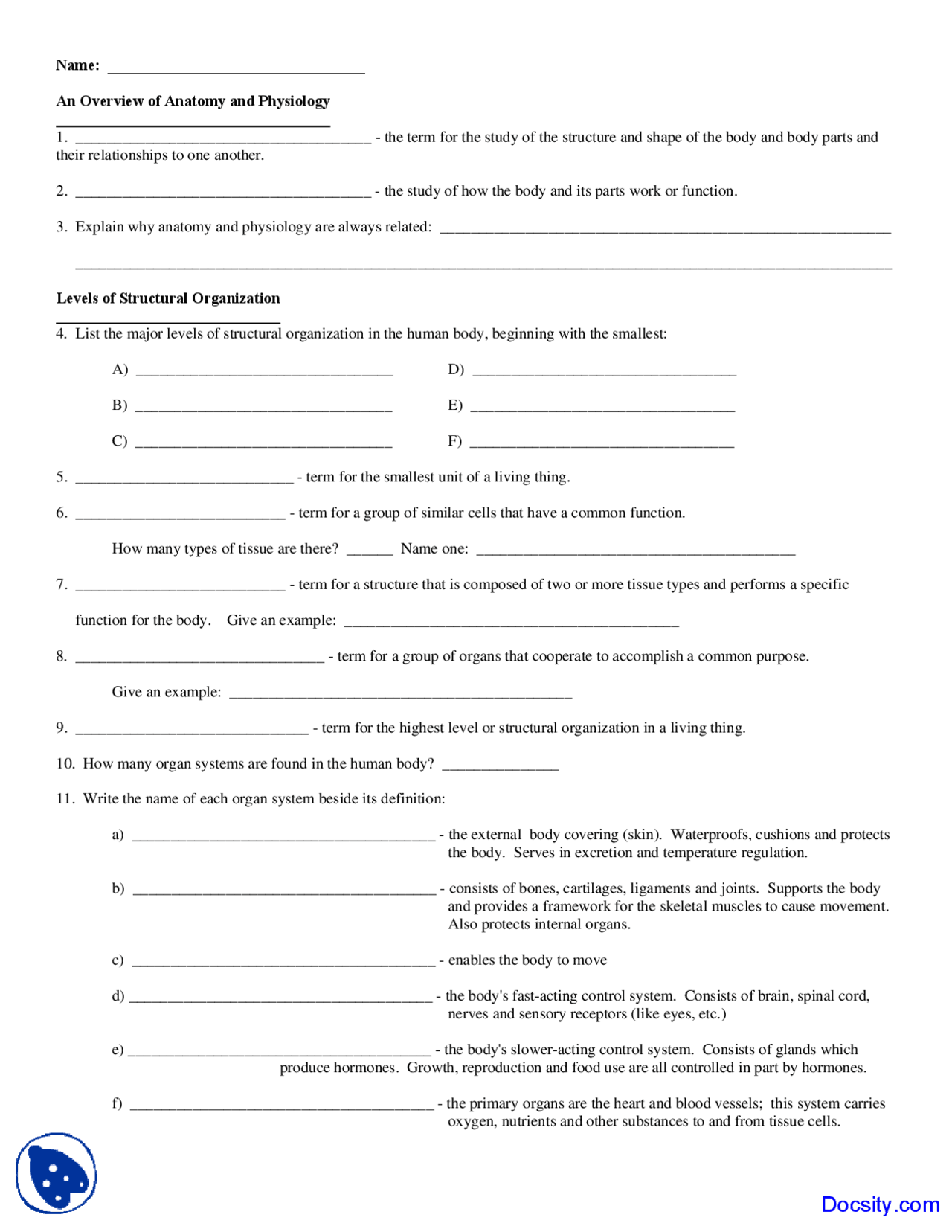 Overview Of Anatomy And Physiology Vertebrate Anatomy Quiz Docsity
