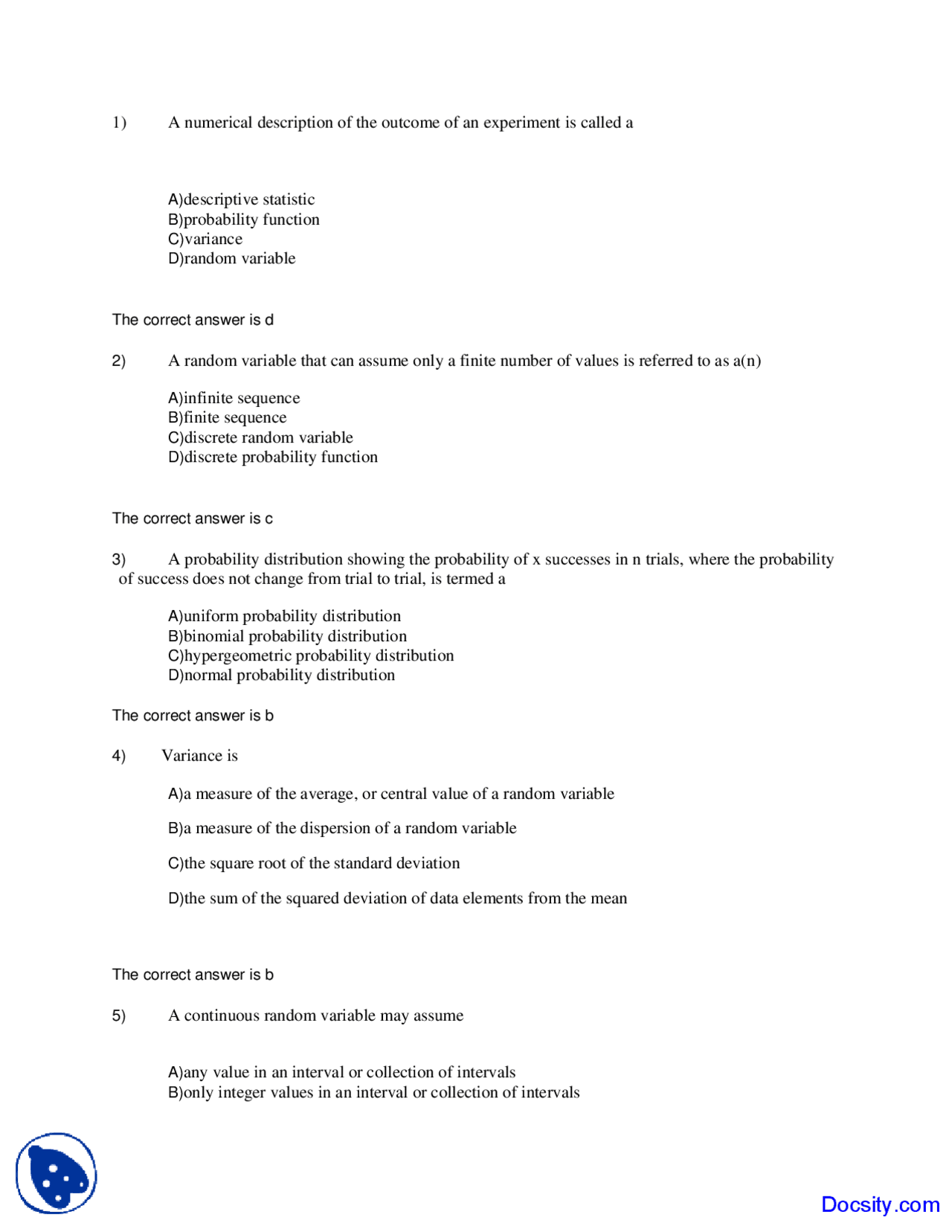 Descriptive Statistic Statistics Solved Quiz Docsity