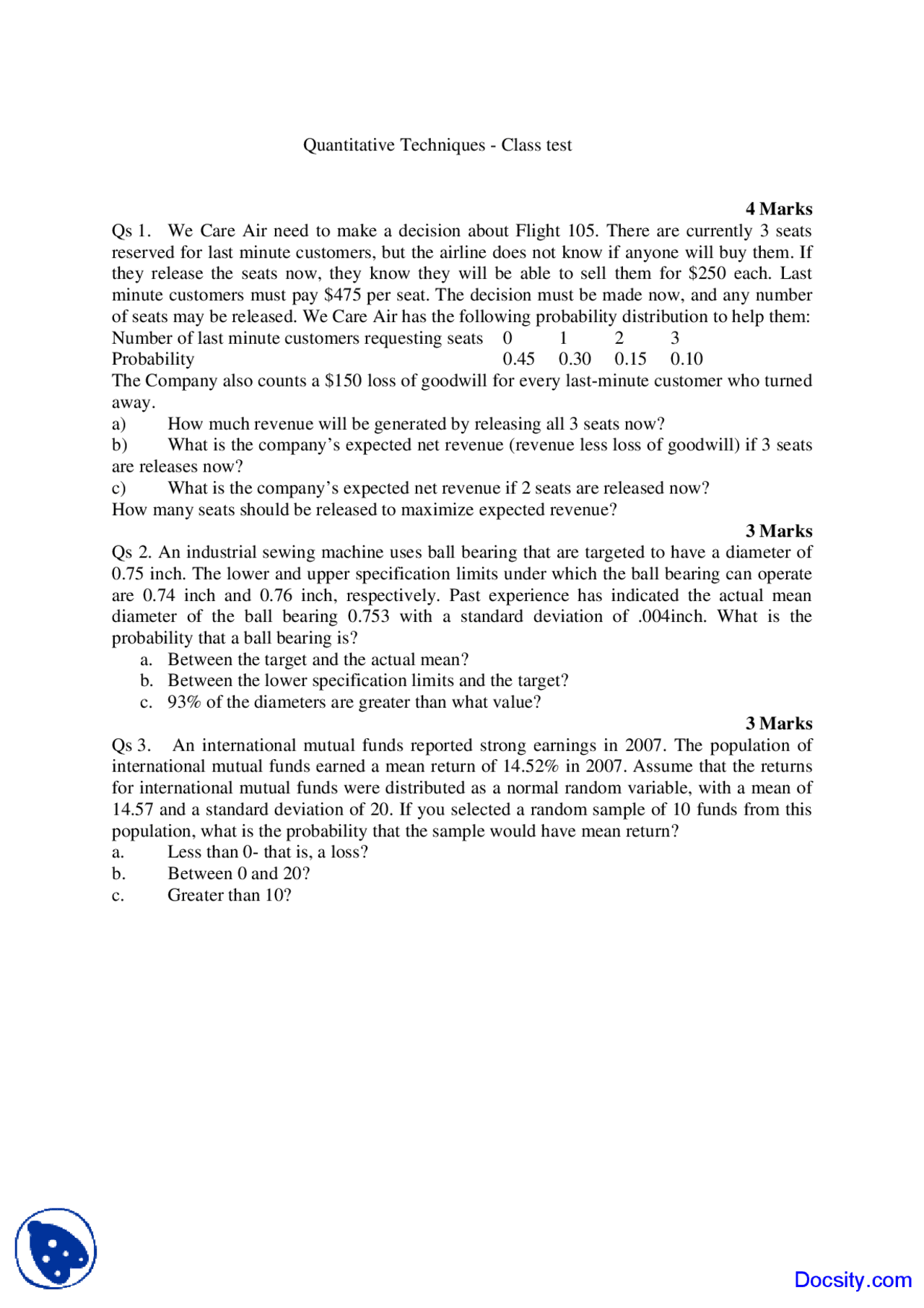Quantitative Techniques Statistics Quiz Docsity