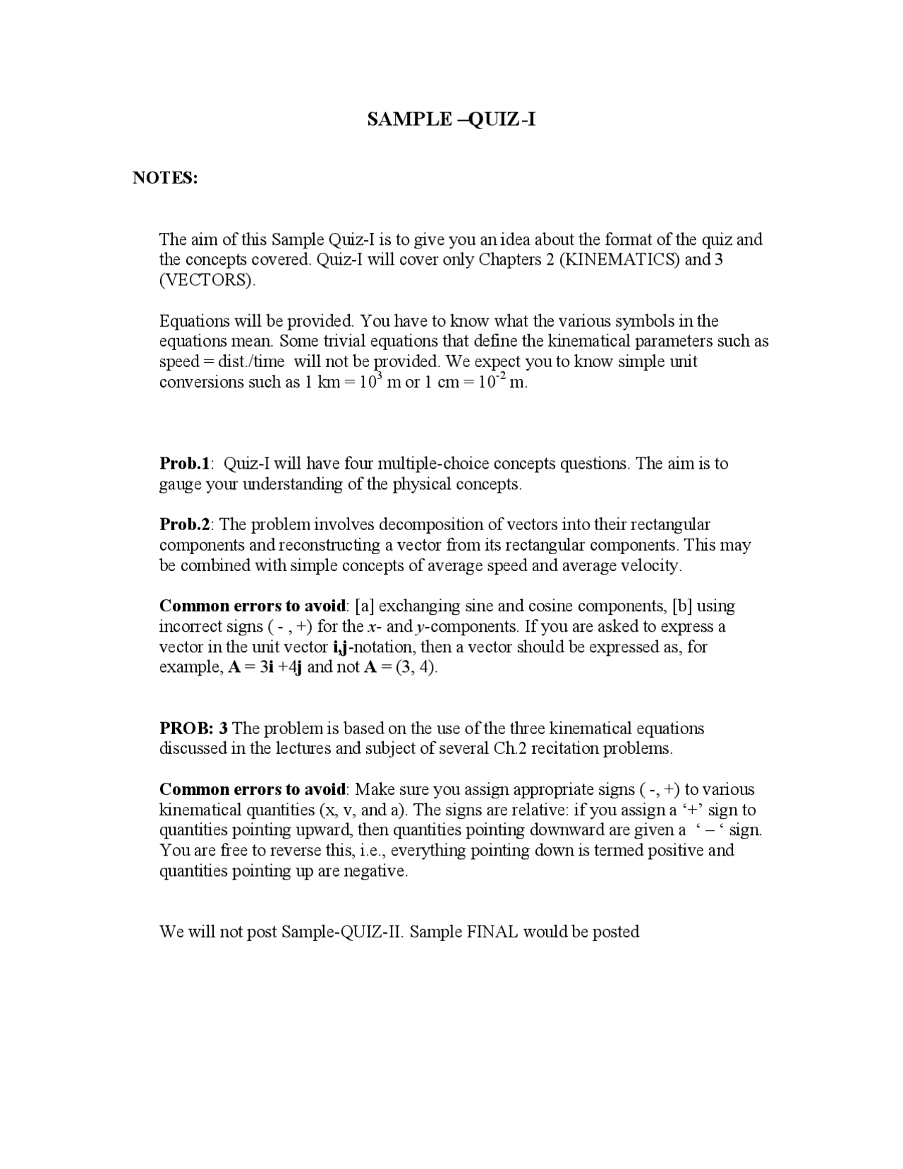 Sample Quiz 1 With Answers Fundamentals Of Physics I Phys 101 Docsity
