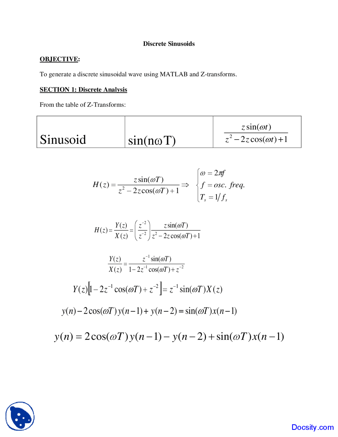 Discrete Sinusoids Digital Signal Processing Lab Manual Docsity