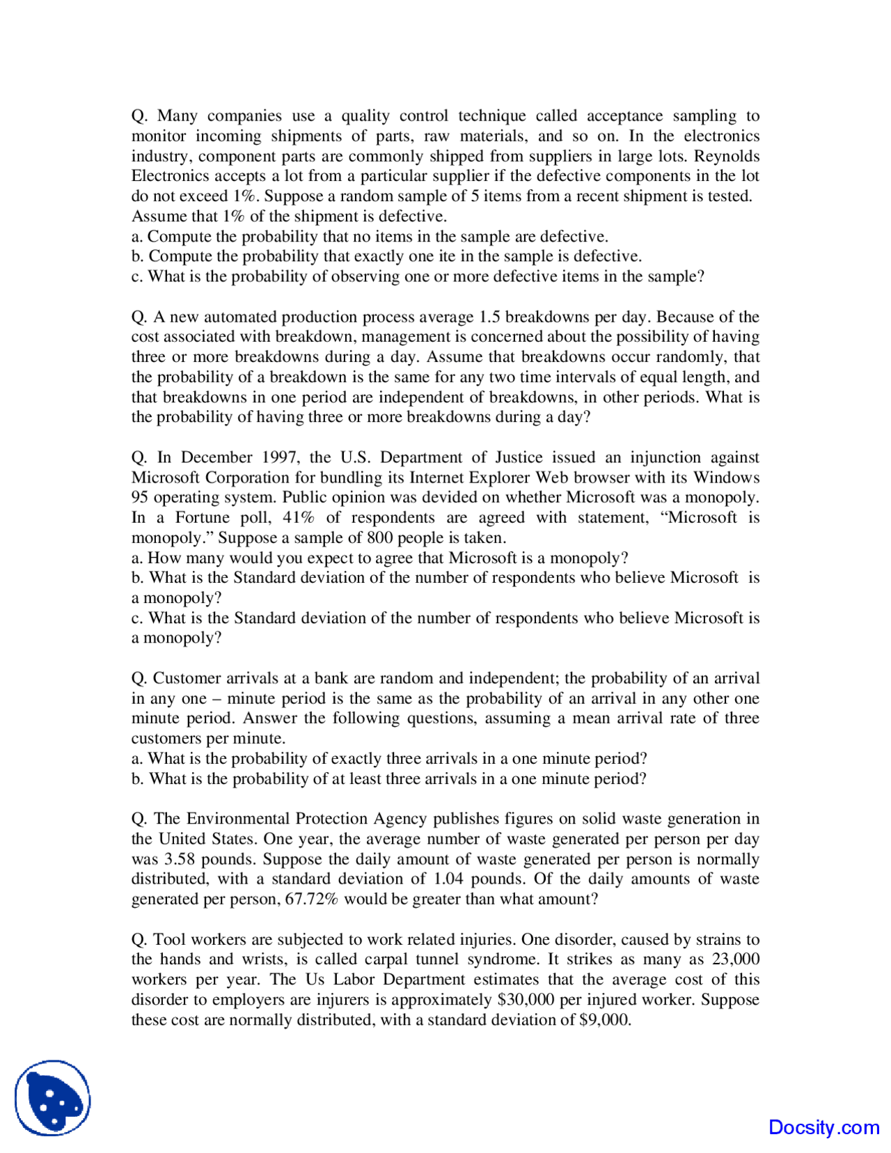 Probability Distribution - Statistics - Quiz - Docsity