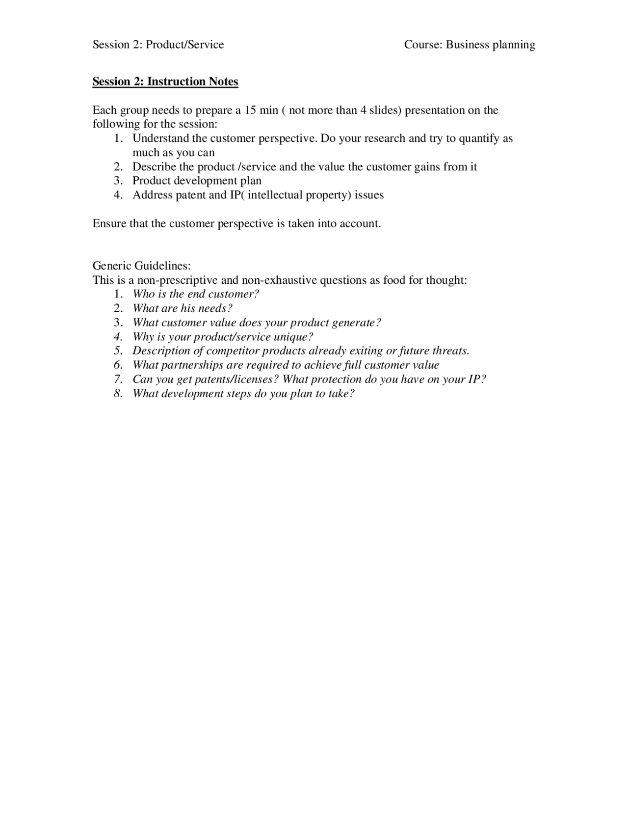 Product And Service Business Planning Lecture Notes Docsity