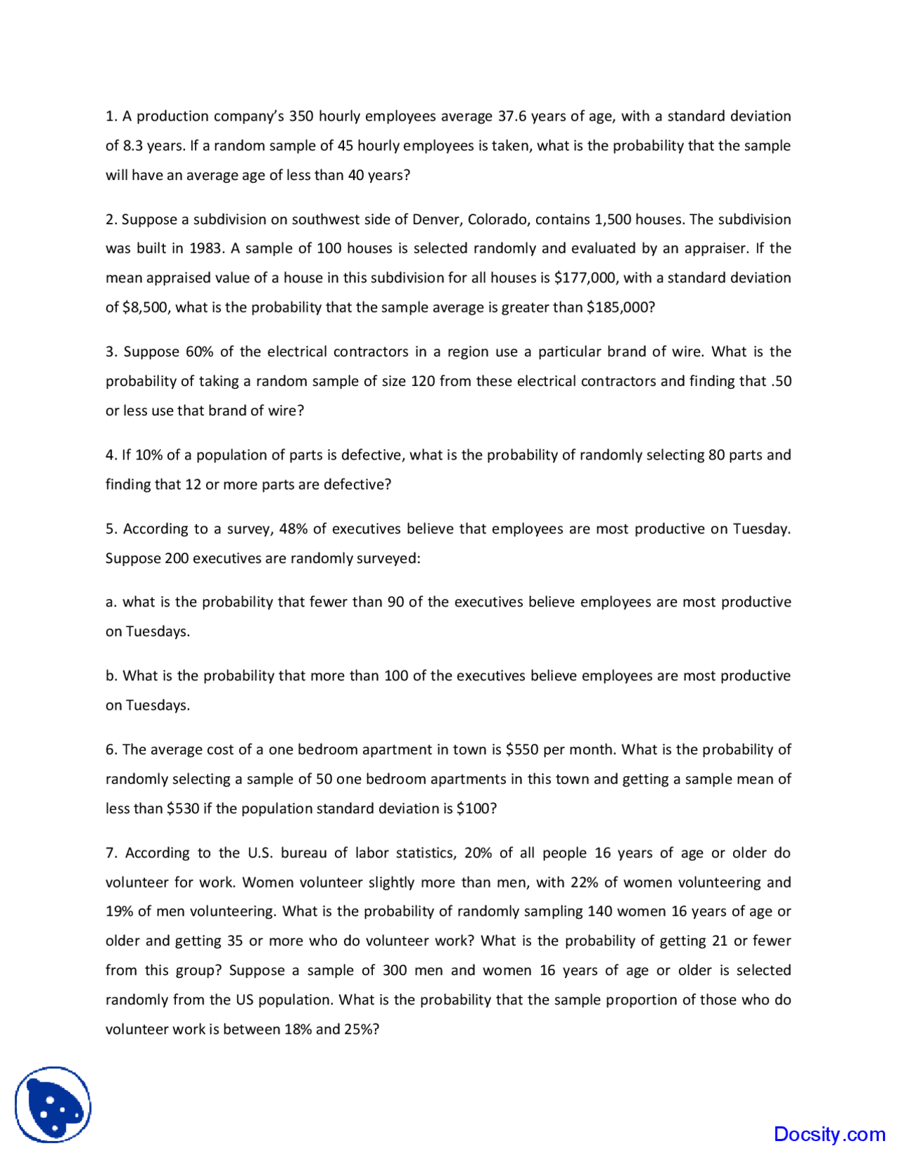 Sampling Distribution Statistics Quiz Exercises Statistics Docsity
