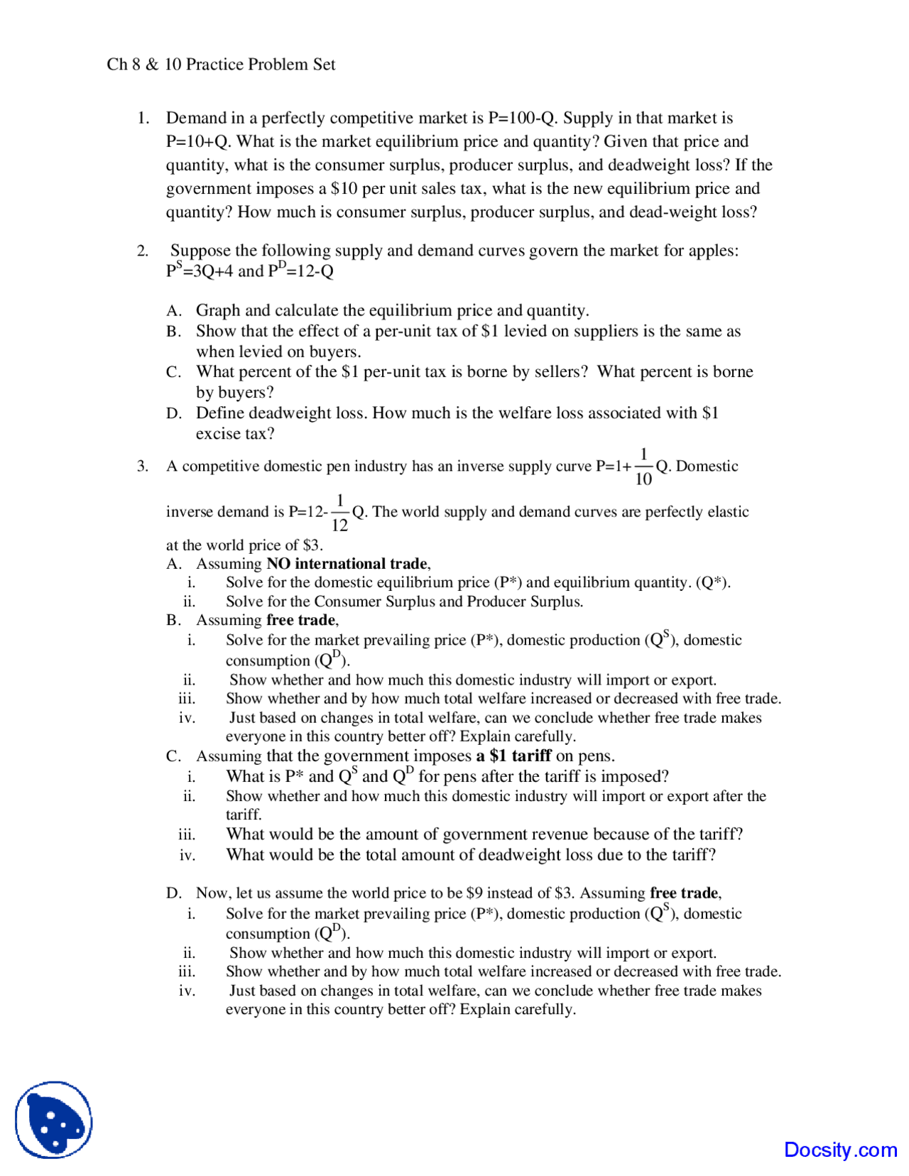 Welfare Economics, Intermediate Microeconomics - Economics - Quiz - Docsity
