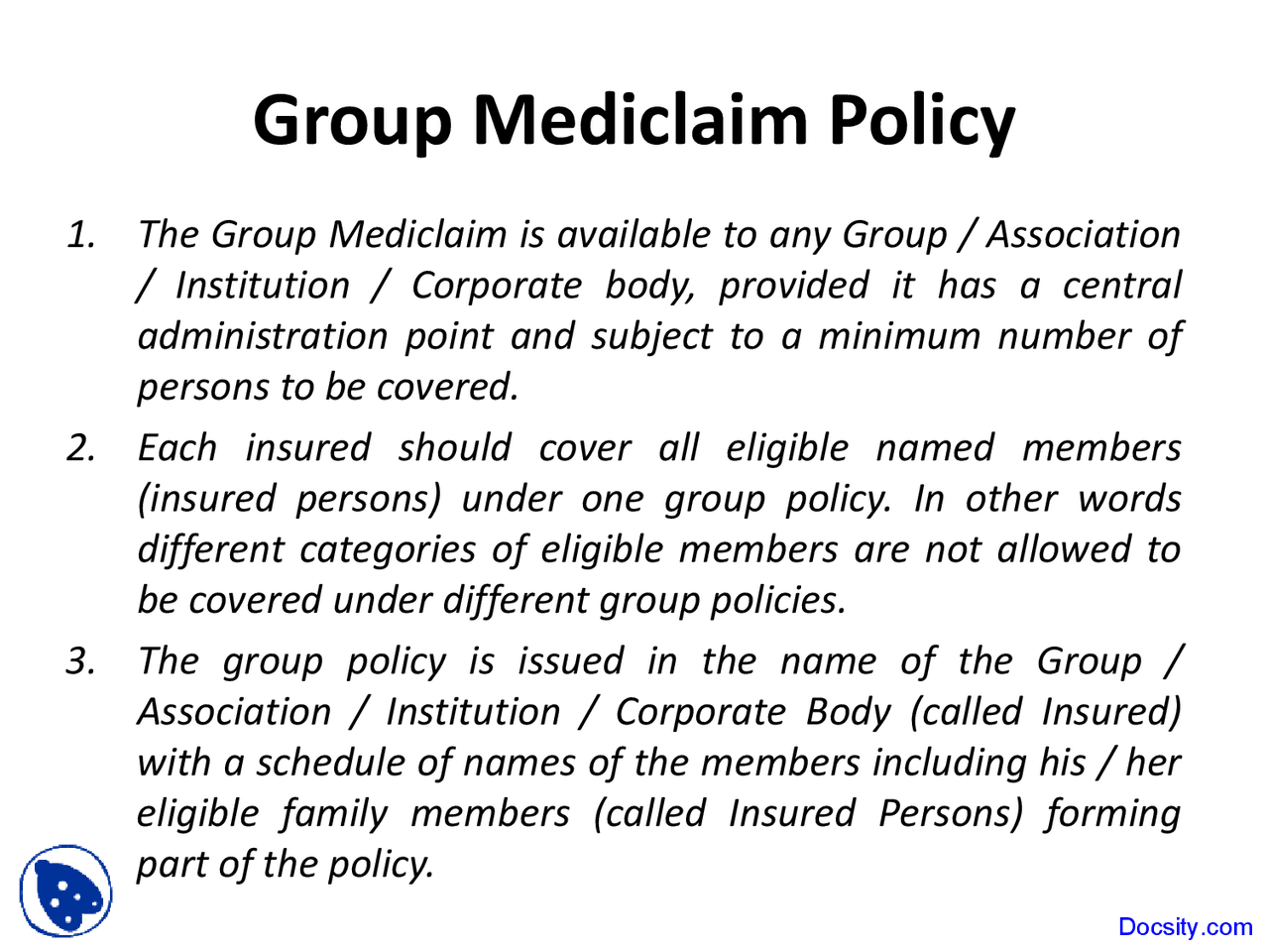 Group Mediclaim Policy Insurrance Lecture Slides Docsity
