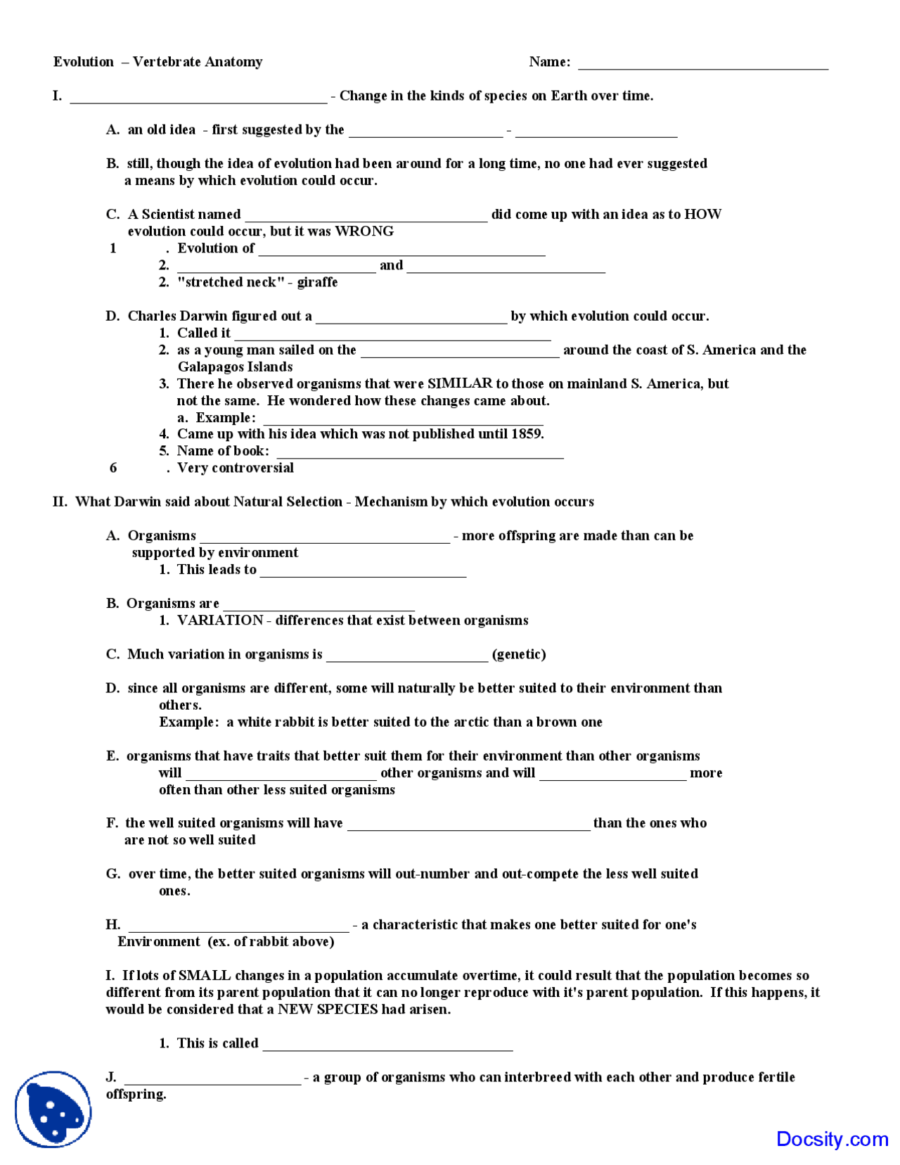 Evolution Vertebrate Anatomy Quiz Docsity