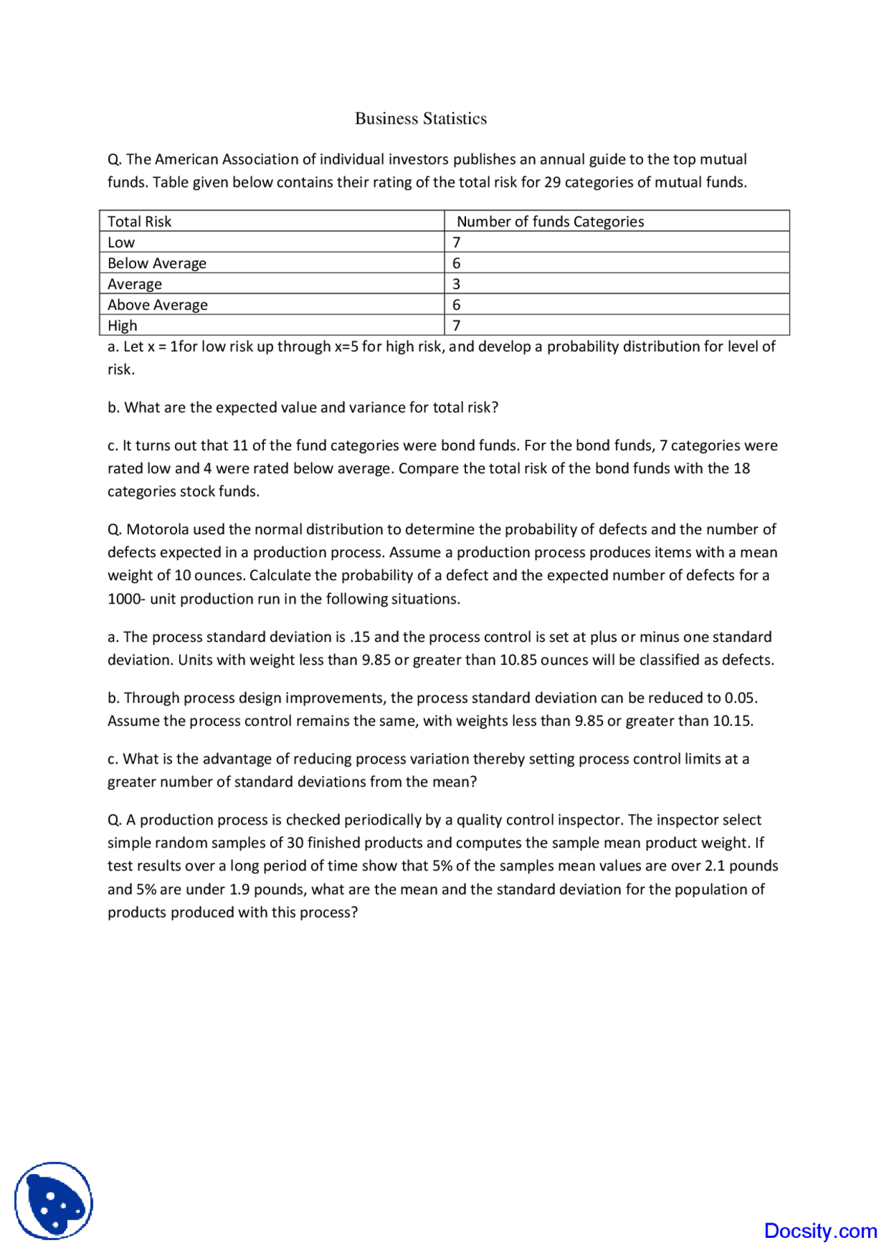 Business Statistics Statistics Quiz Docsity