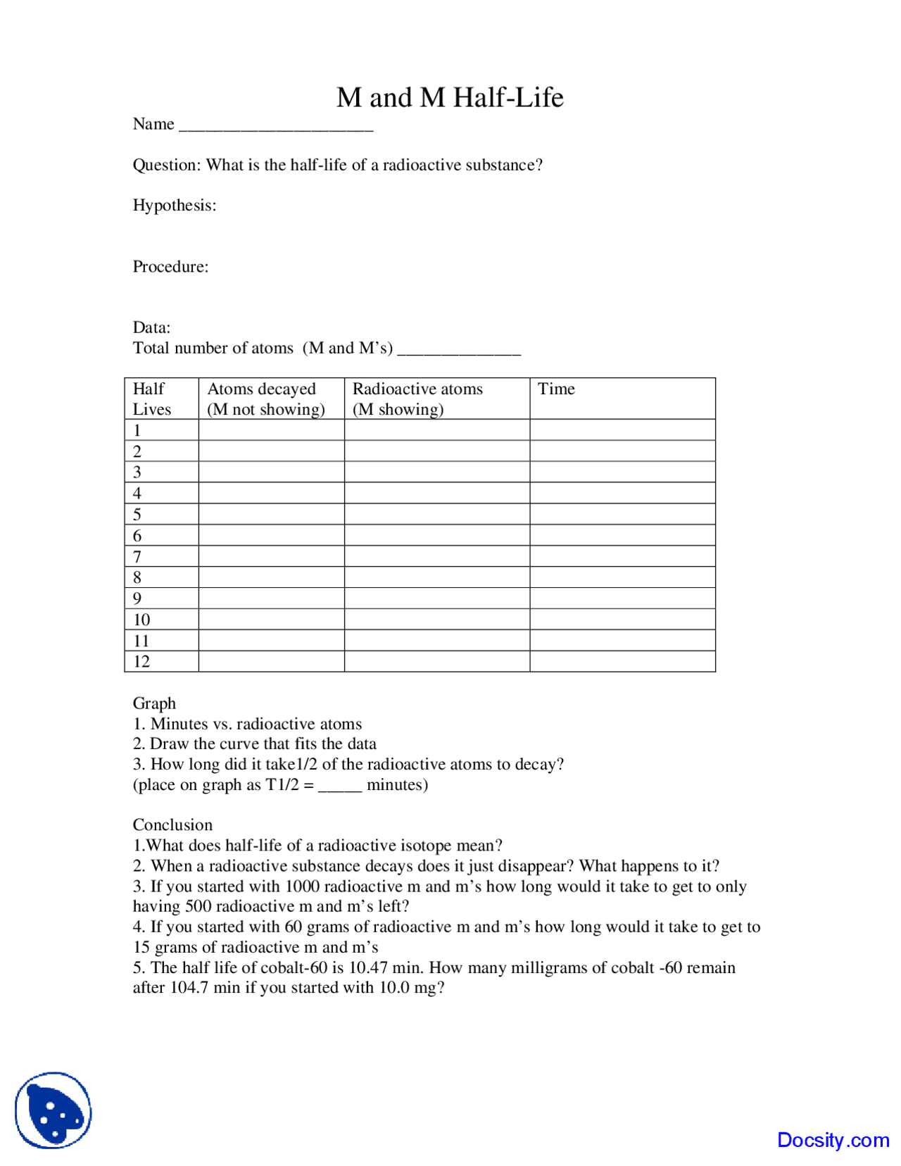 Half Life - General Chemistry - Assignment - Docsity