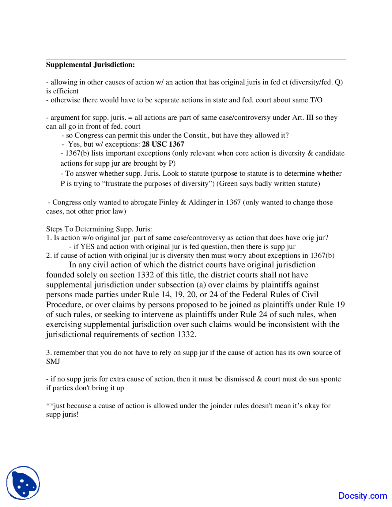 Supplemental Jurisdiction Civil Procedure Lecture Notes Docsity