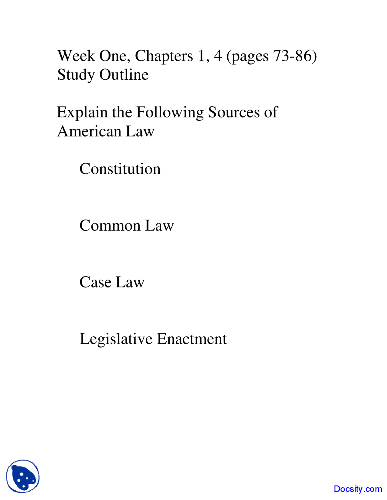 Week One Study Outline: Sources of American Law and Key Terms | Study ...