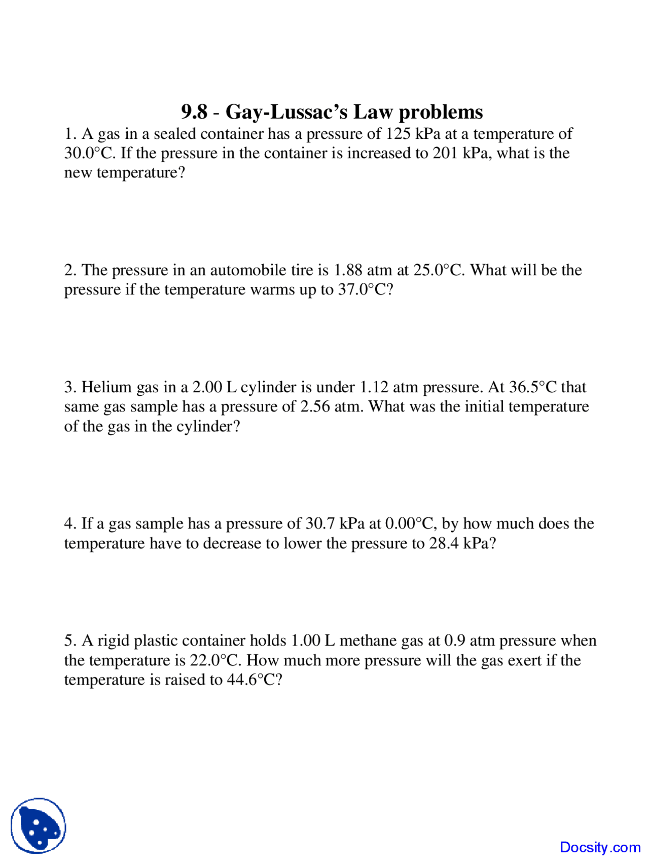 Gay Lussacs Law - General Chemistry - Quiz | Exercises Chemistry | Docsity