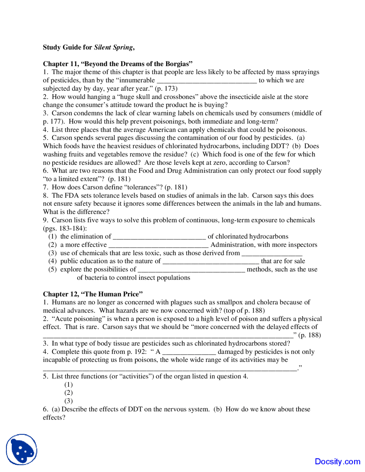 Study Guide for Silent Spring: Beyond the Dreams of the Borgias and The ...