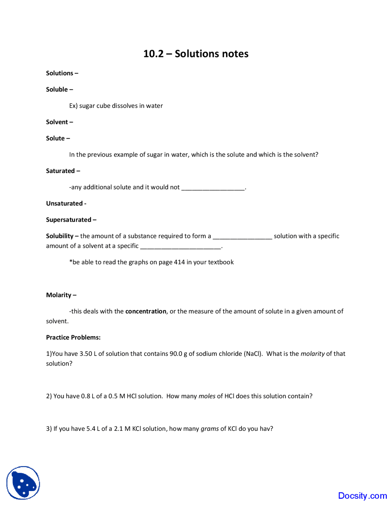 Chemistry Solutions Notes: Solubility, Solutes, Solvents, and Molarity ...